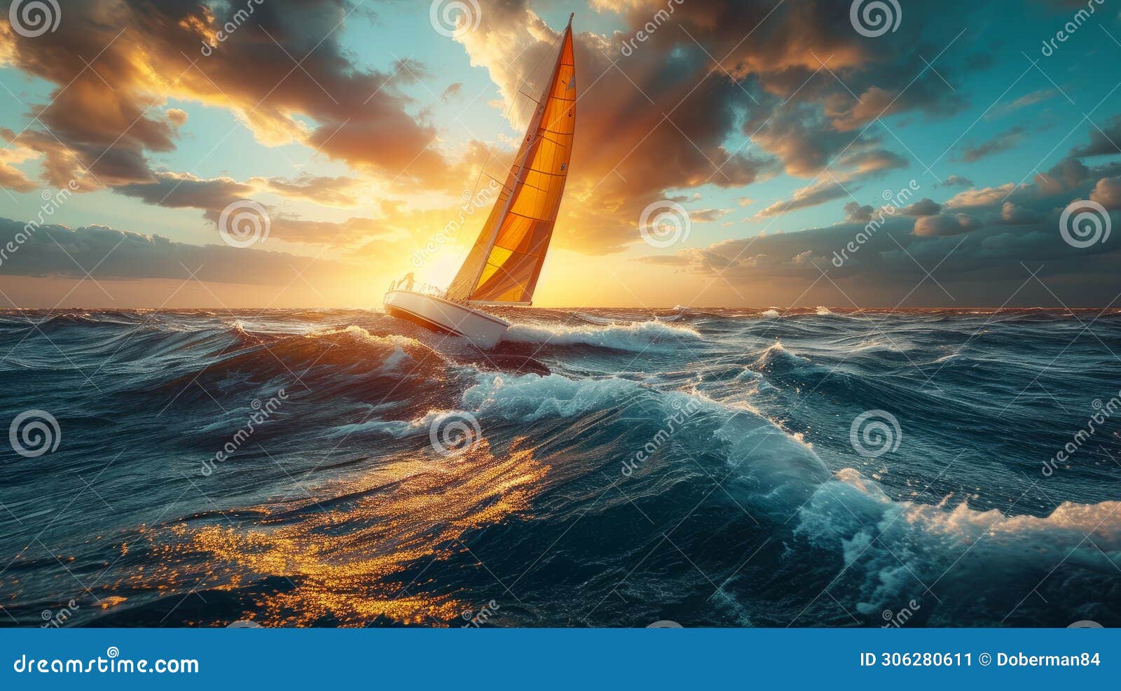 A Sailboat Navigating in the Stormy Sea. White Triangular Sail Rises ...