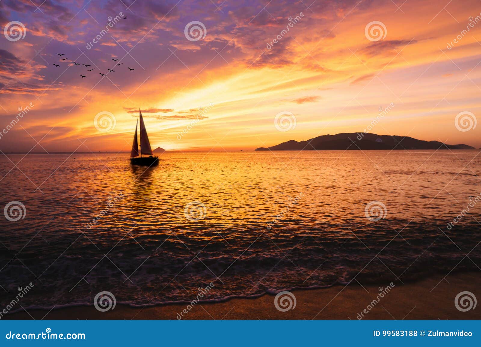 Sailboat on the Ocean at Sunrise Stock Photo - Image of colorful ...