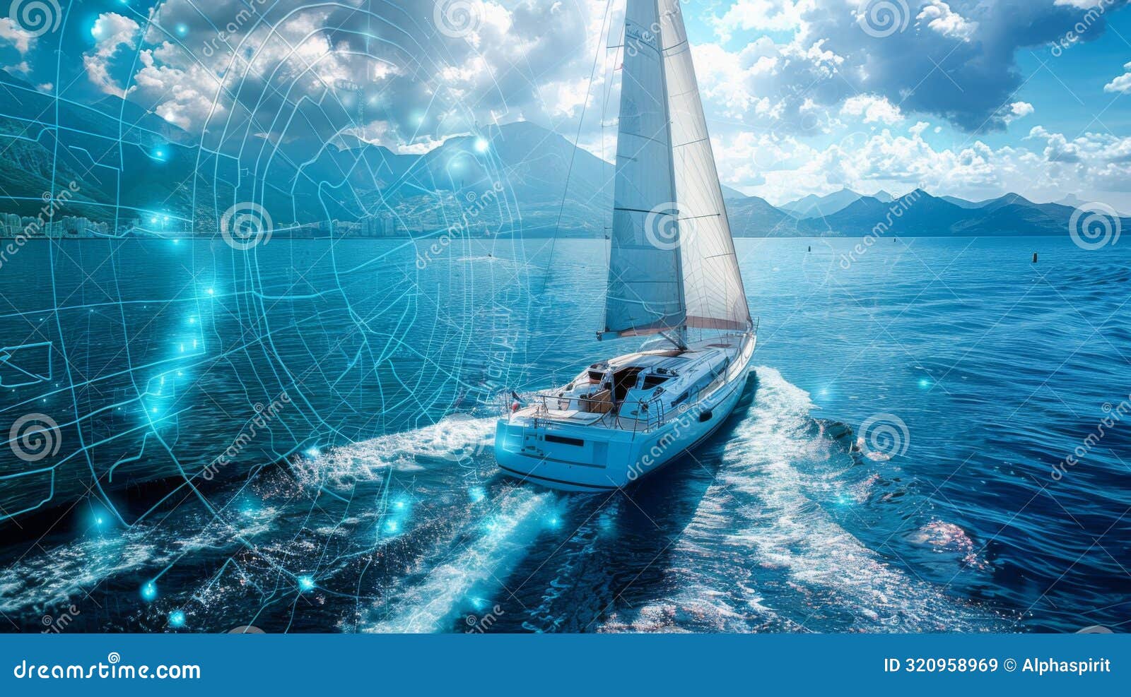Sailboat on the Ocean with Futuristic Navigation Graphics Superimposed ...