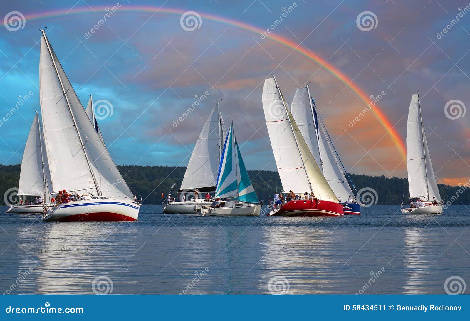 Sailboat Rainbow.Sailboat Sail Off into the Sunset on Lake. Stock Image ...