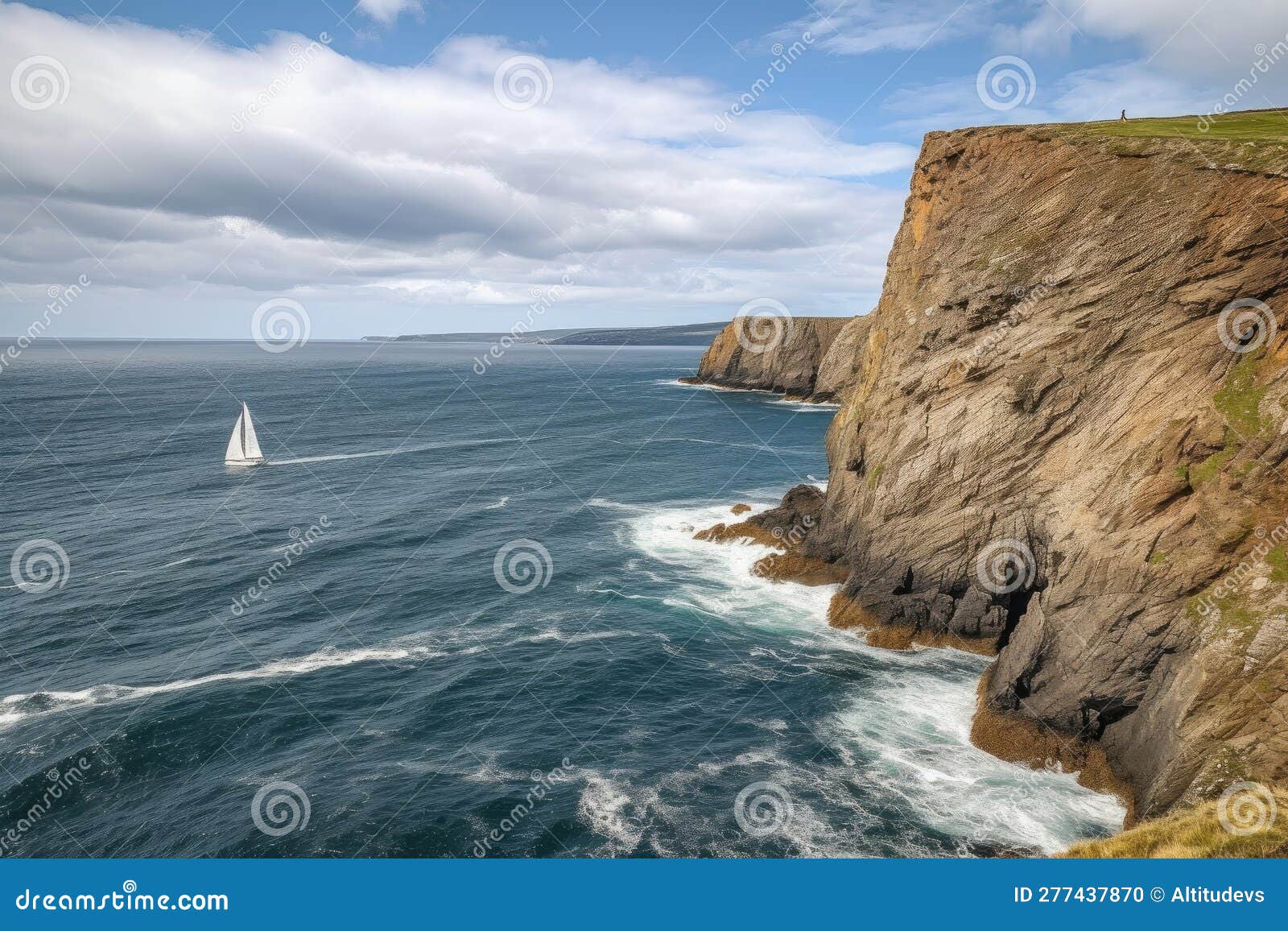 Sailboat Rounding The Point, With Dramatic Cliff And Ocean In The ...