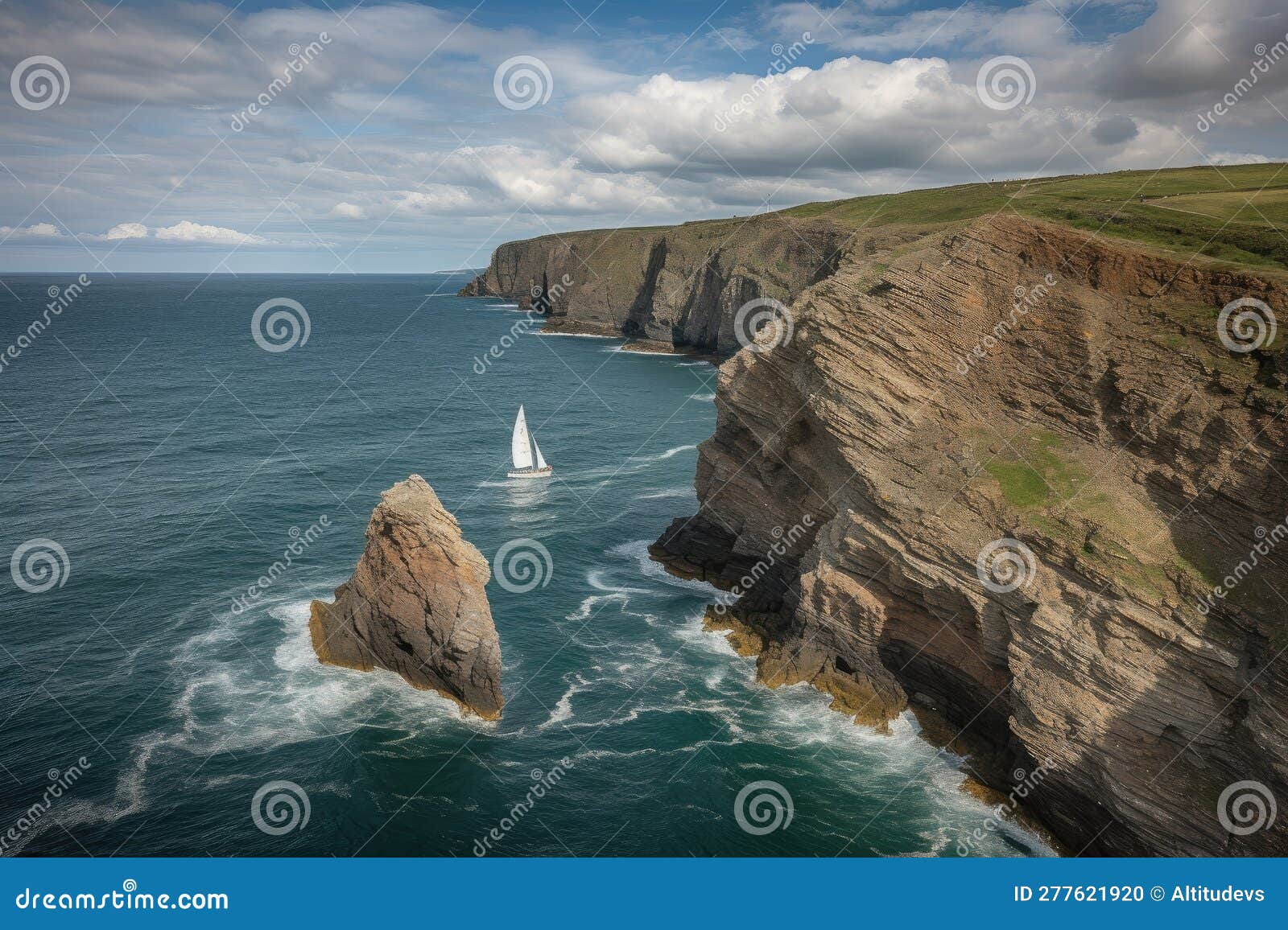 Sailboat Rounding The Point, With Dramatic Cliff And Ocean In The ...