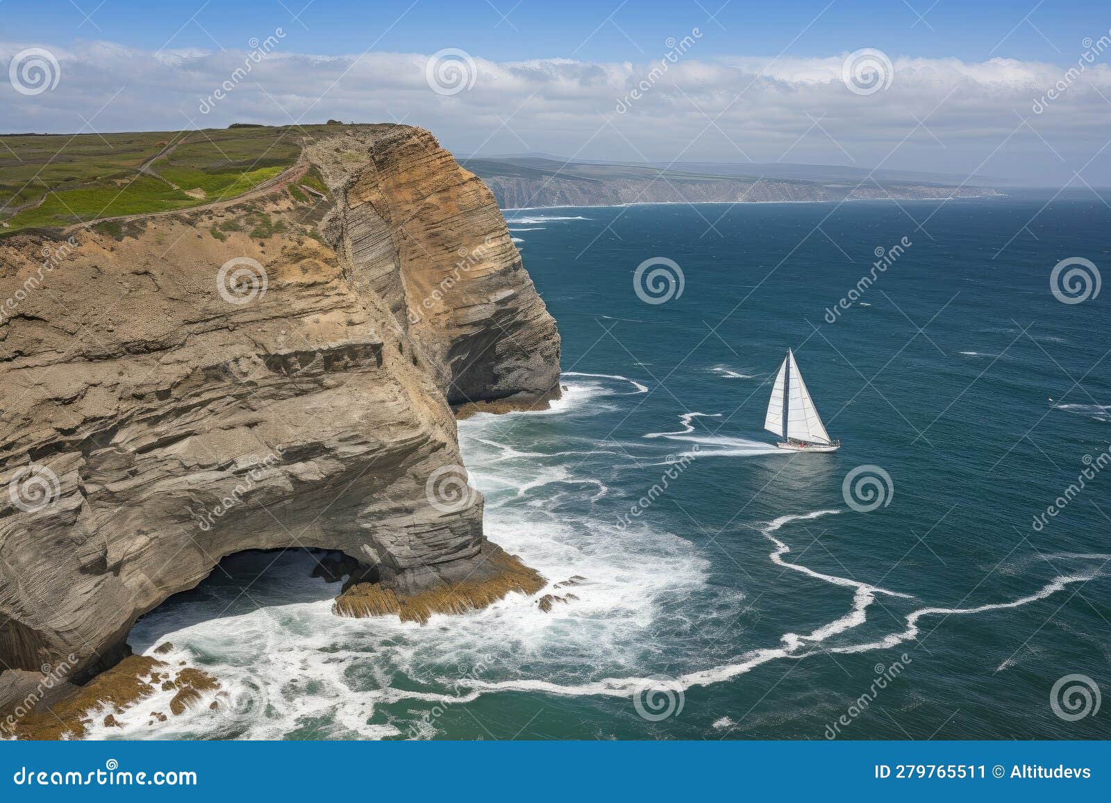 Sailboat Rounding The Point, With Dramatic Cliff And Ocean In The ...