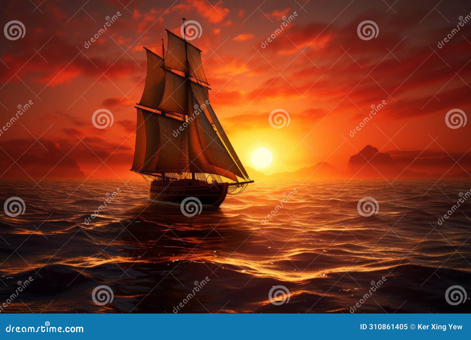A Sailboat Sailing Towards the Rising Sun Stock Illustration ...