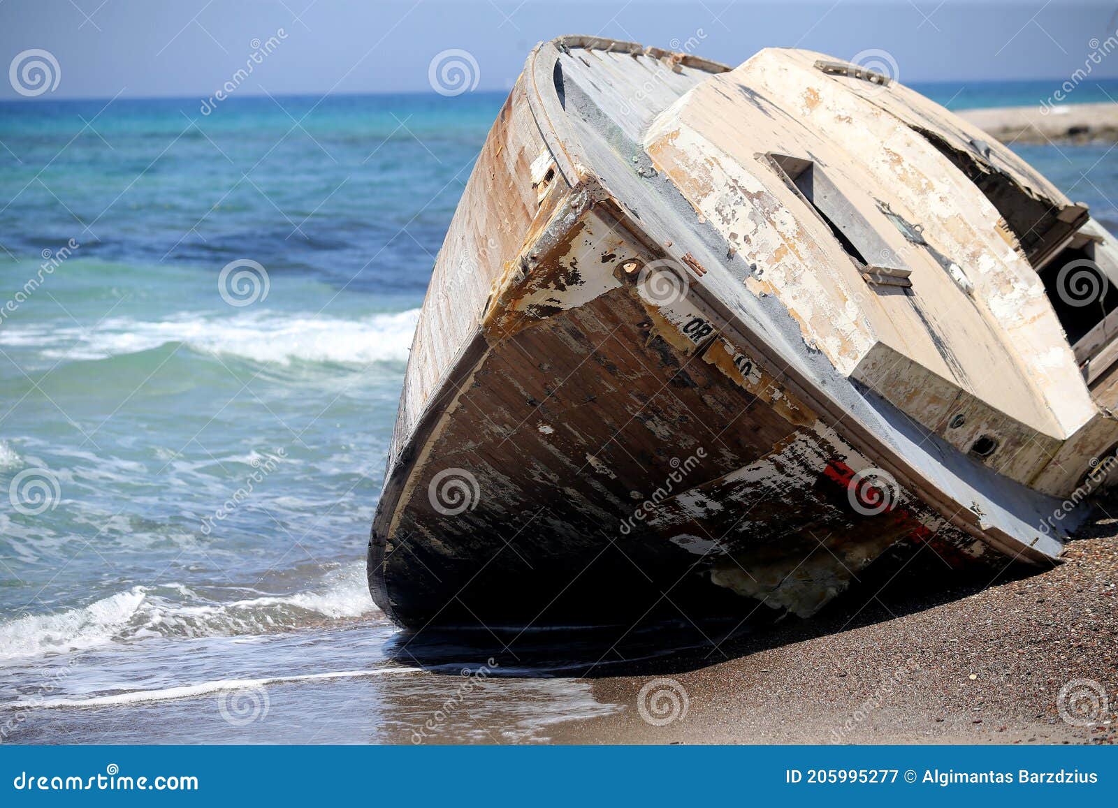 Sailboat Stranded on the Beach after a Storm. Greece, Kos Stock Image ...
