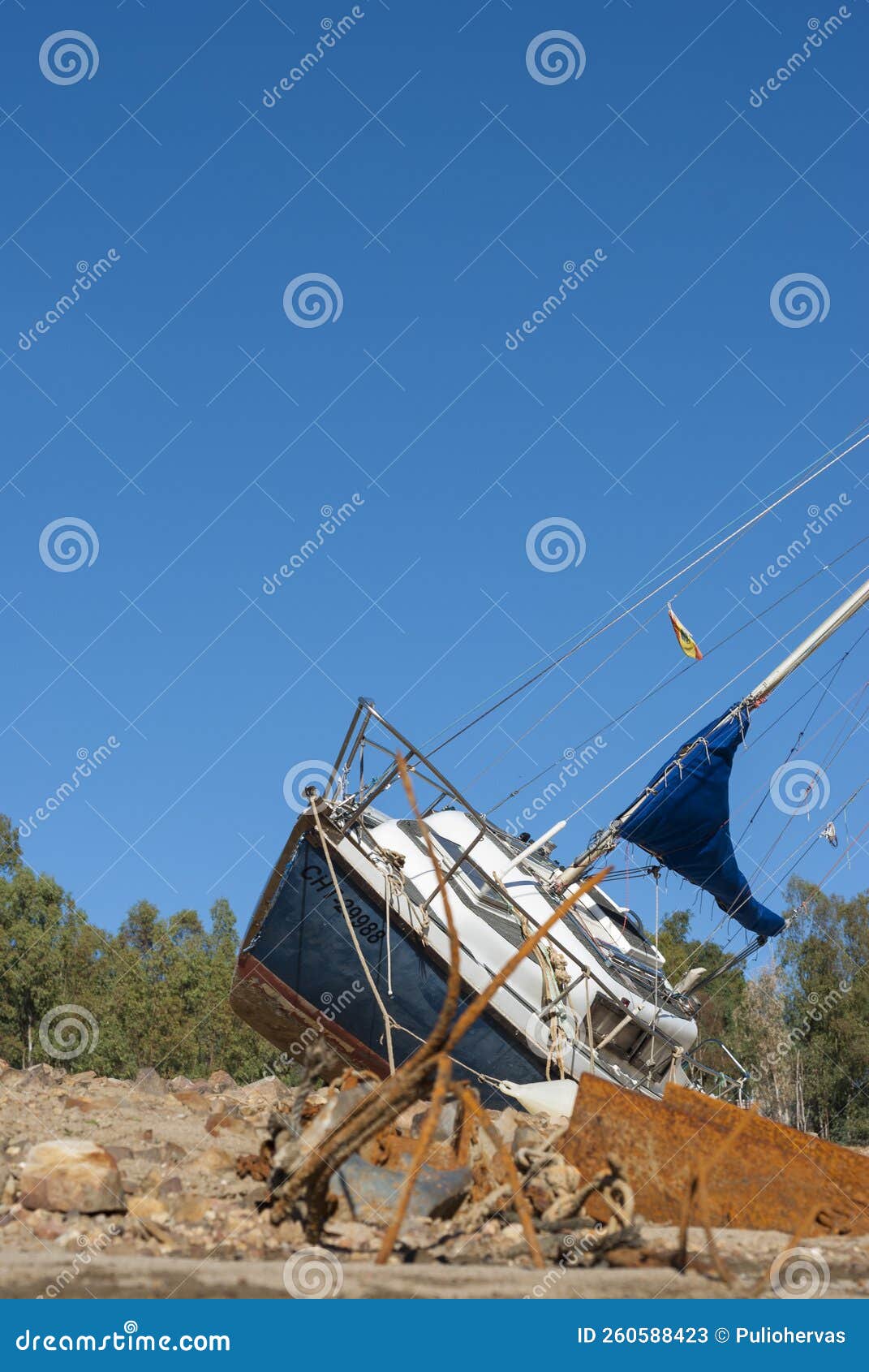 Sailboat Stranded on Land Due To Drought with Blue Sky Stock Image ...