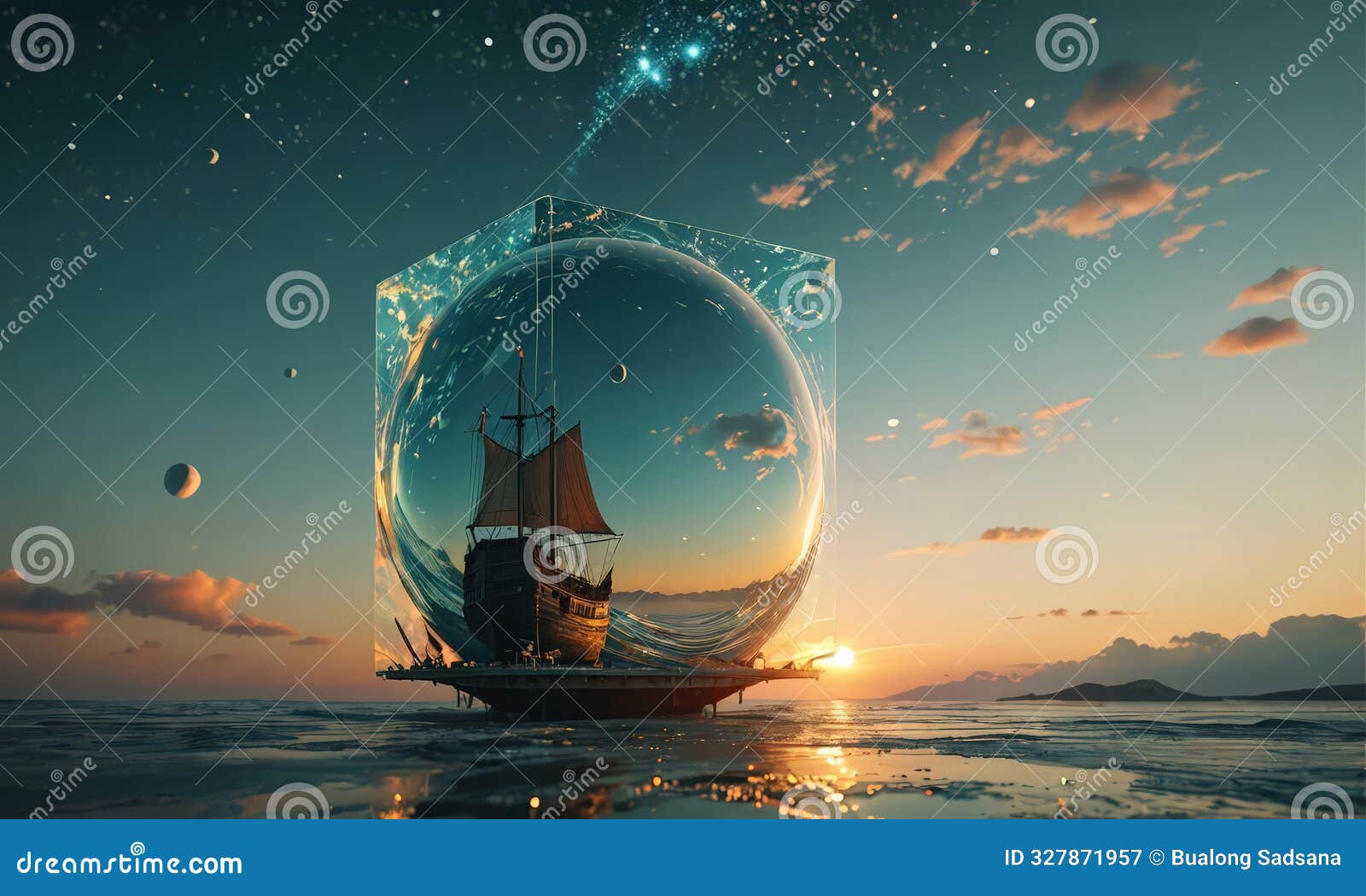 Sailboat with Triangular Sail and Large Blue Glass Structure with White ...