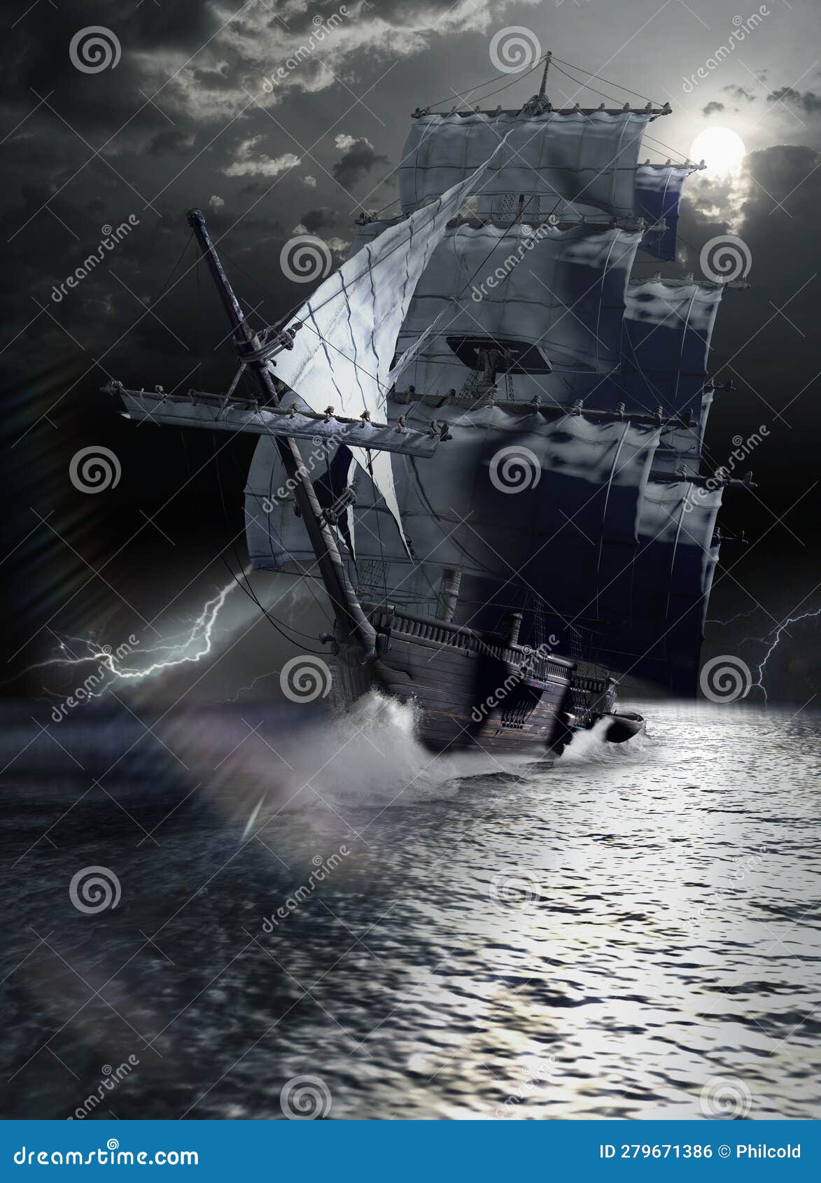 Ship Under Full Moon Escaping From Storm Royalty-Free Stock Image ...