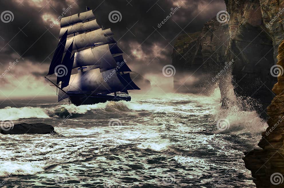 Sailboat on unsettled sea stock illustration. Illustration of ...