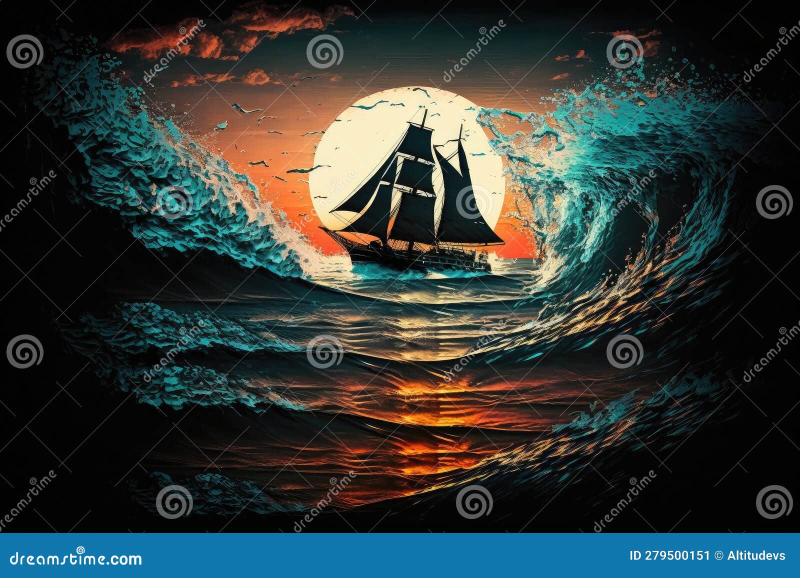 Sailboat Through Waves On Sunset Sail, With Silhouette Of The Boat And Sails Visible Stock Photo ...