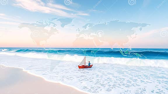 Sailing Boat on the Beach with World Map. Stock Illustration ...