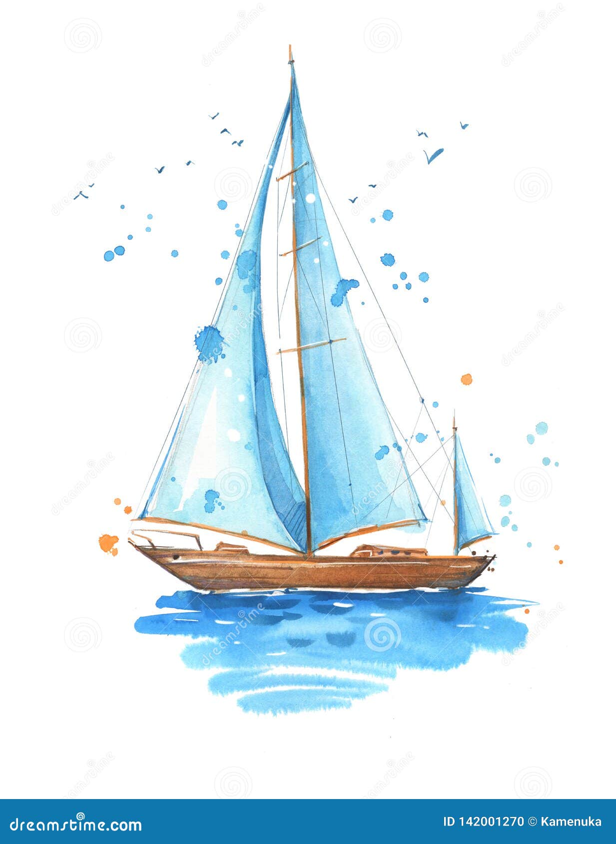 Sailing Boat, Hand Painted Watercolor Illustration Stock Illustration ...