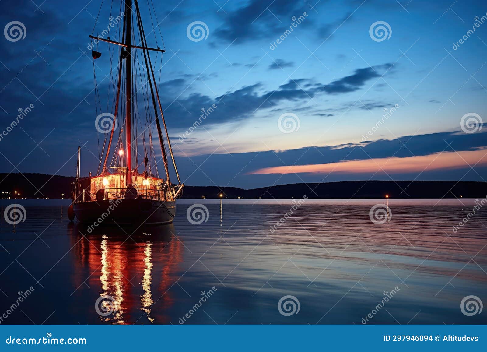 A Sailing Boat with Navigation Lights at Dusk Stock Photo - Image of ...