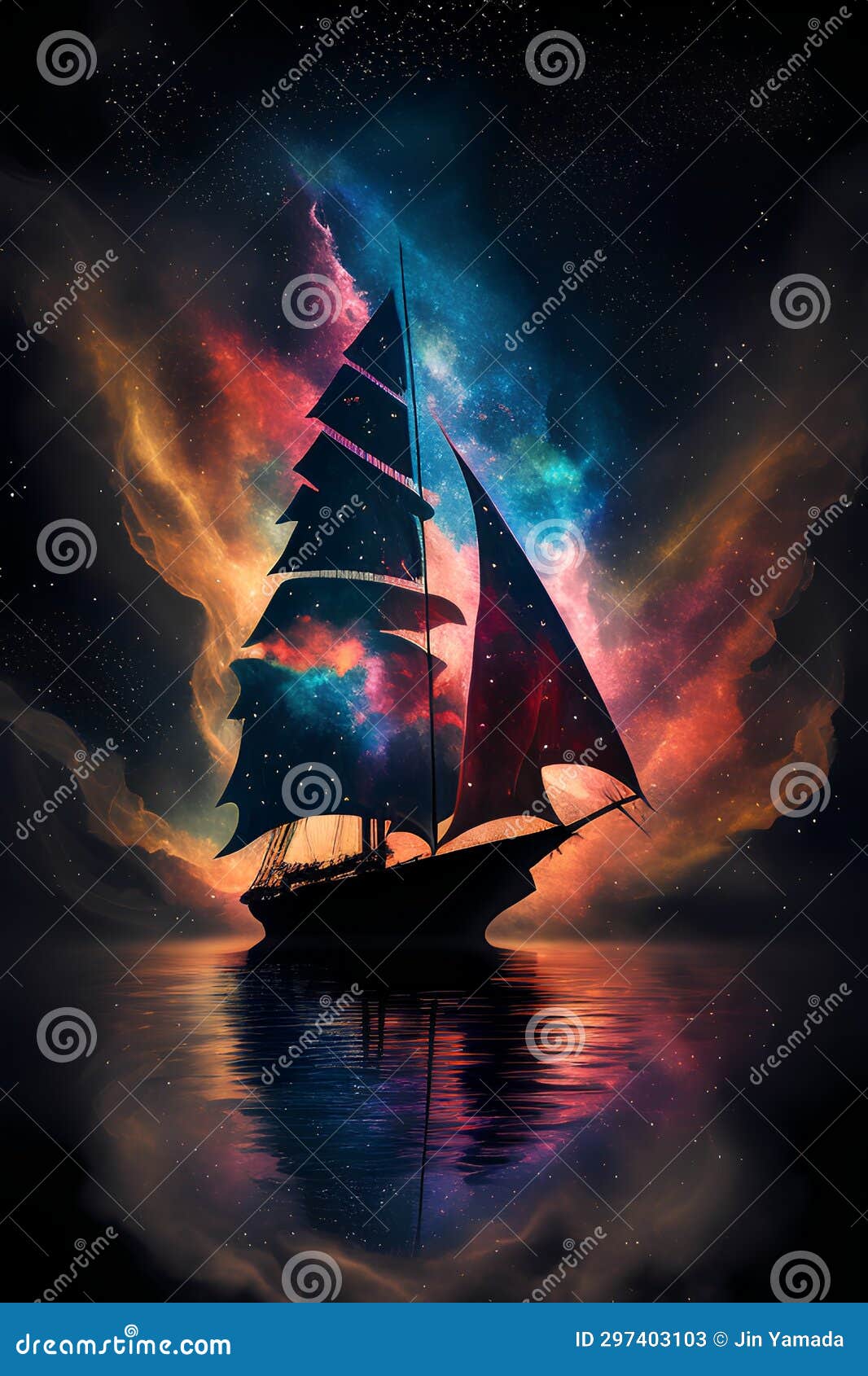 Sailing Boat in the Night Sky with Stars and Nebula Illustration Stock ...
