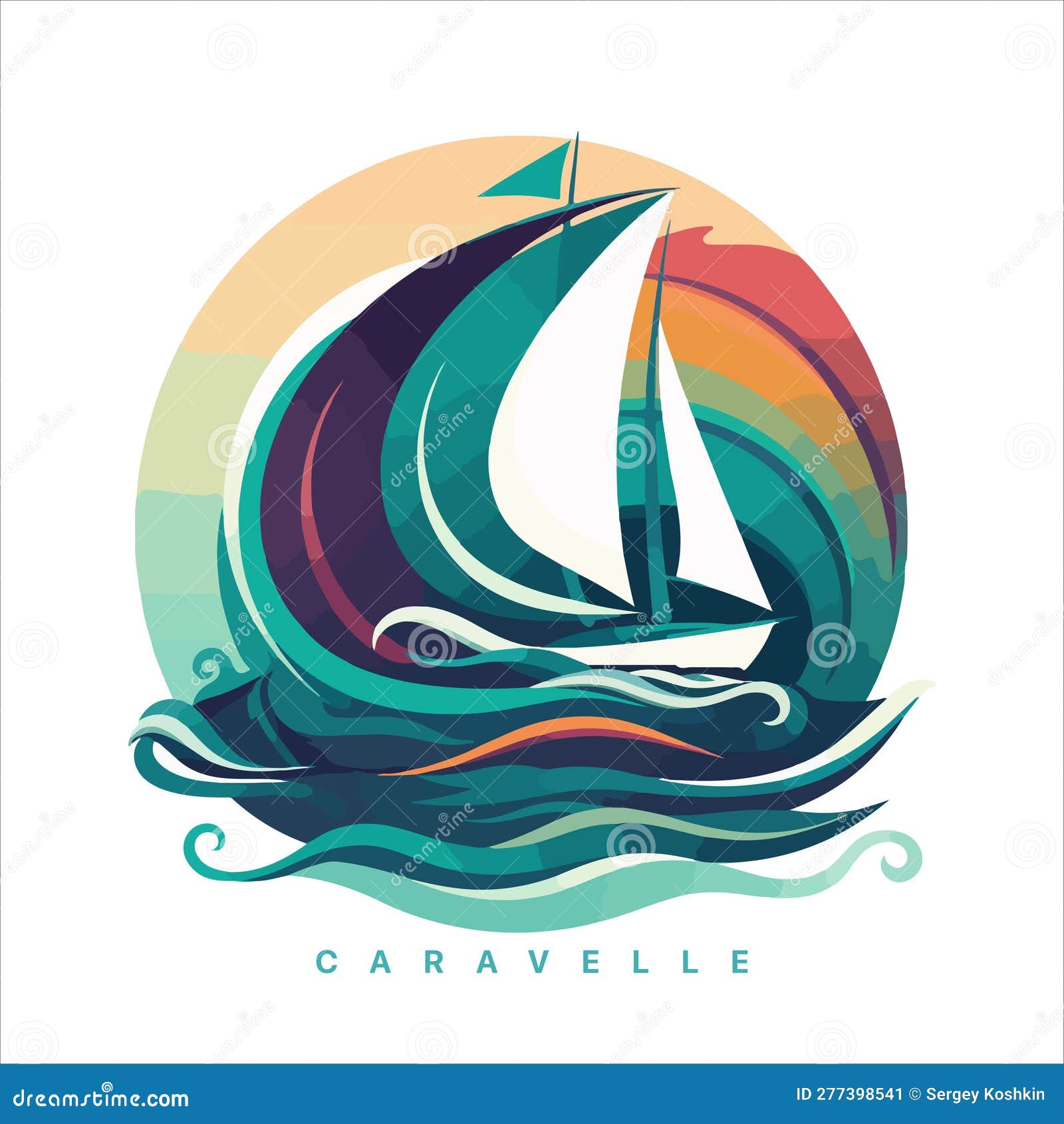 Sailing Boat on the Water, Vector Logo, Colored Caravelle Emblem Stock ...
