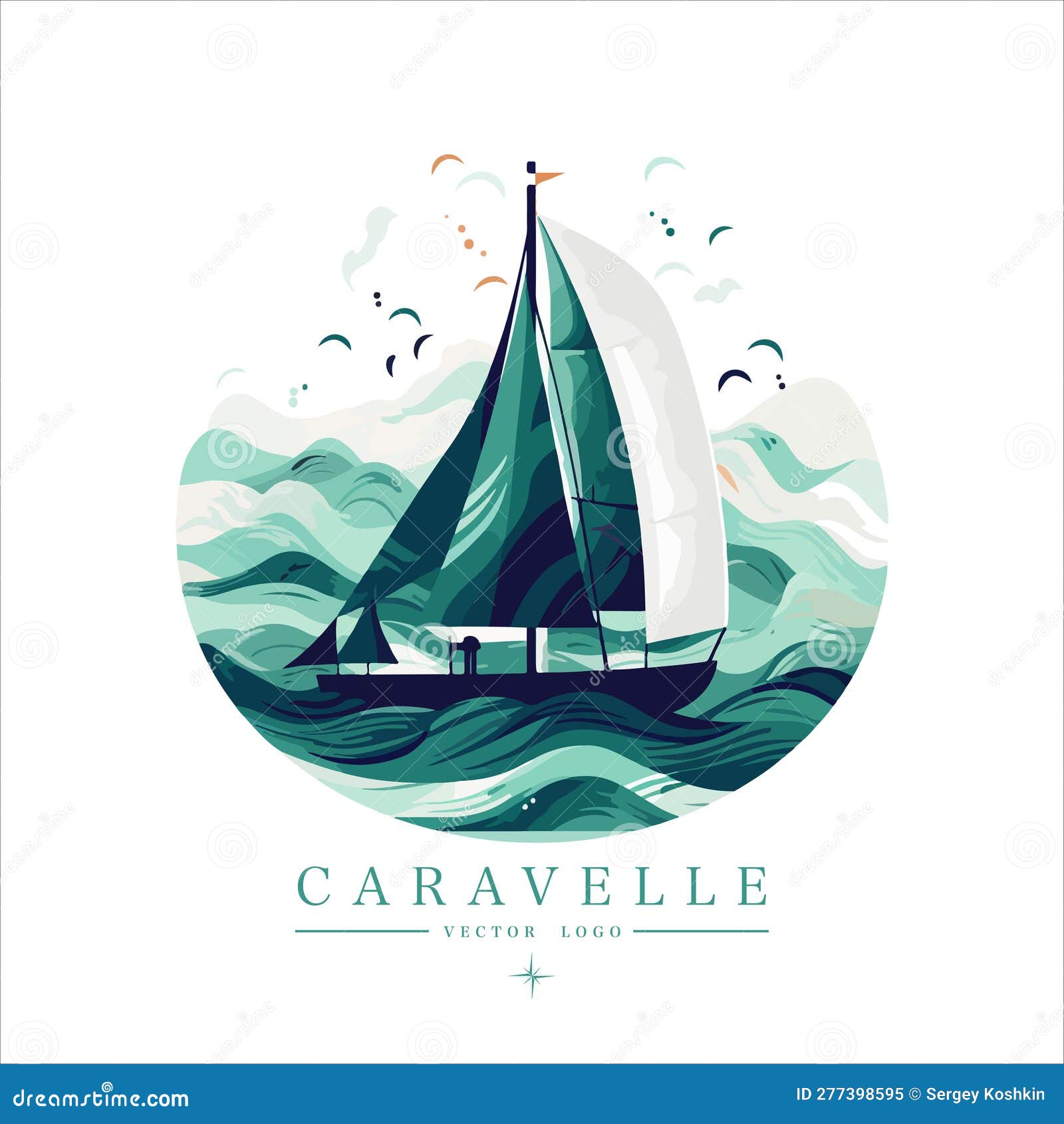 Sailing Boat on the Water, Vector Logo, Colored Caravelle Emblem Stock ...
