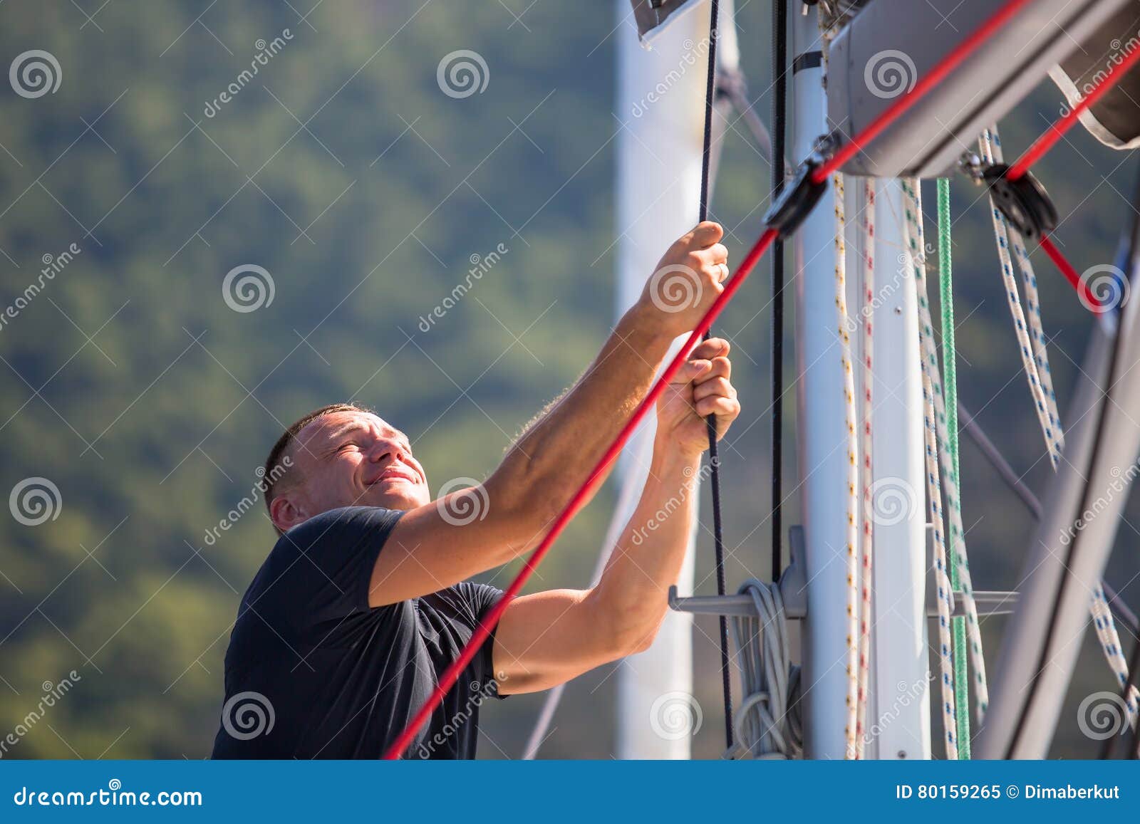 Sailing, Man Pulling Ropes. Luxery Yacht Boat. Sport. Stock Image ...