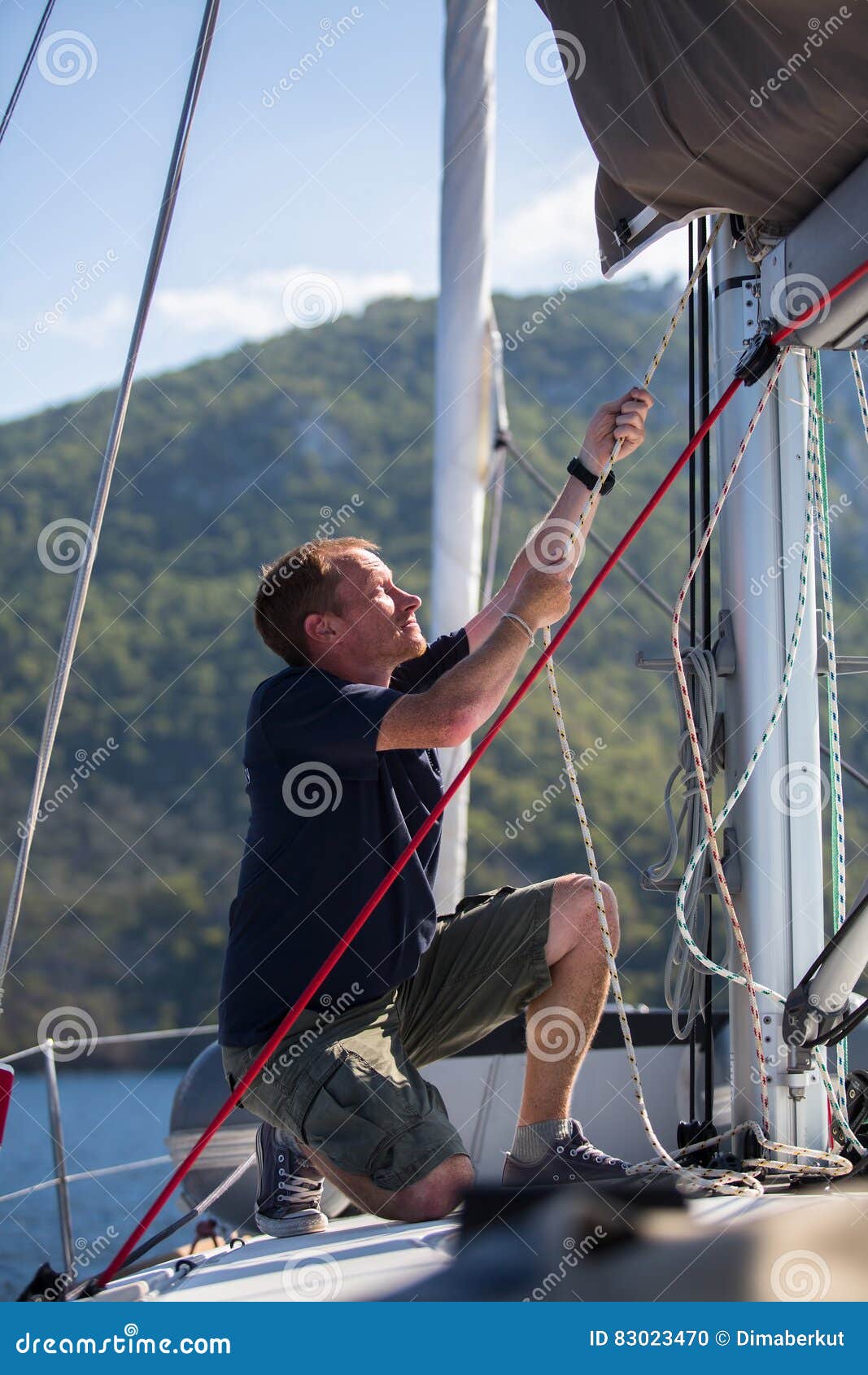Sailing, Man Pulling Ropes. Luxery Yacht Boat. Sport. Stock Photo ...
