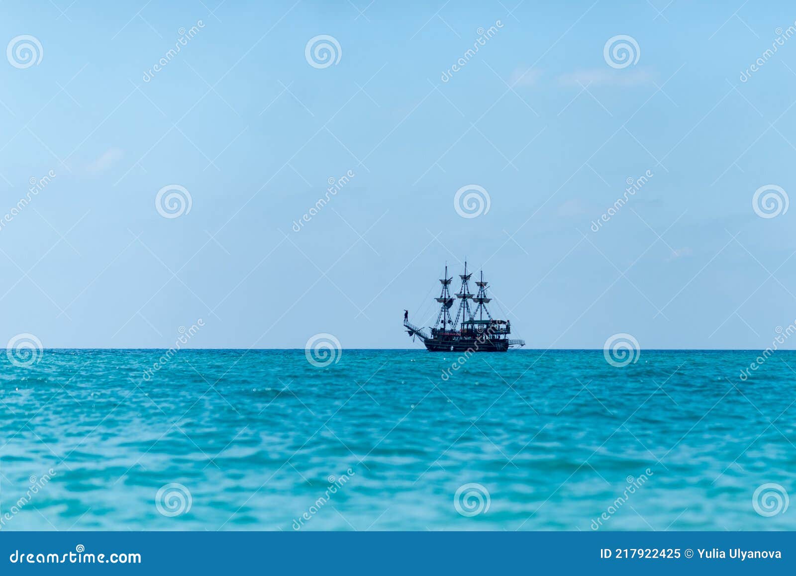Sailing Old Black Pirate Ship in a Blue Sea Stock Image - Image of ...