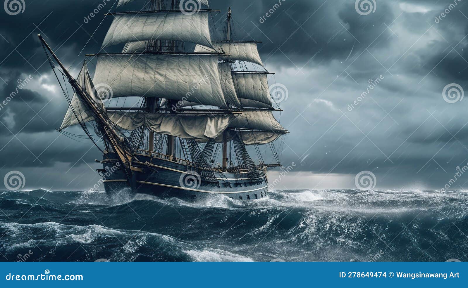 Sailing Old Ship in a Storm Sea AI Generated Image Stock Photo - Image ...