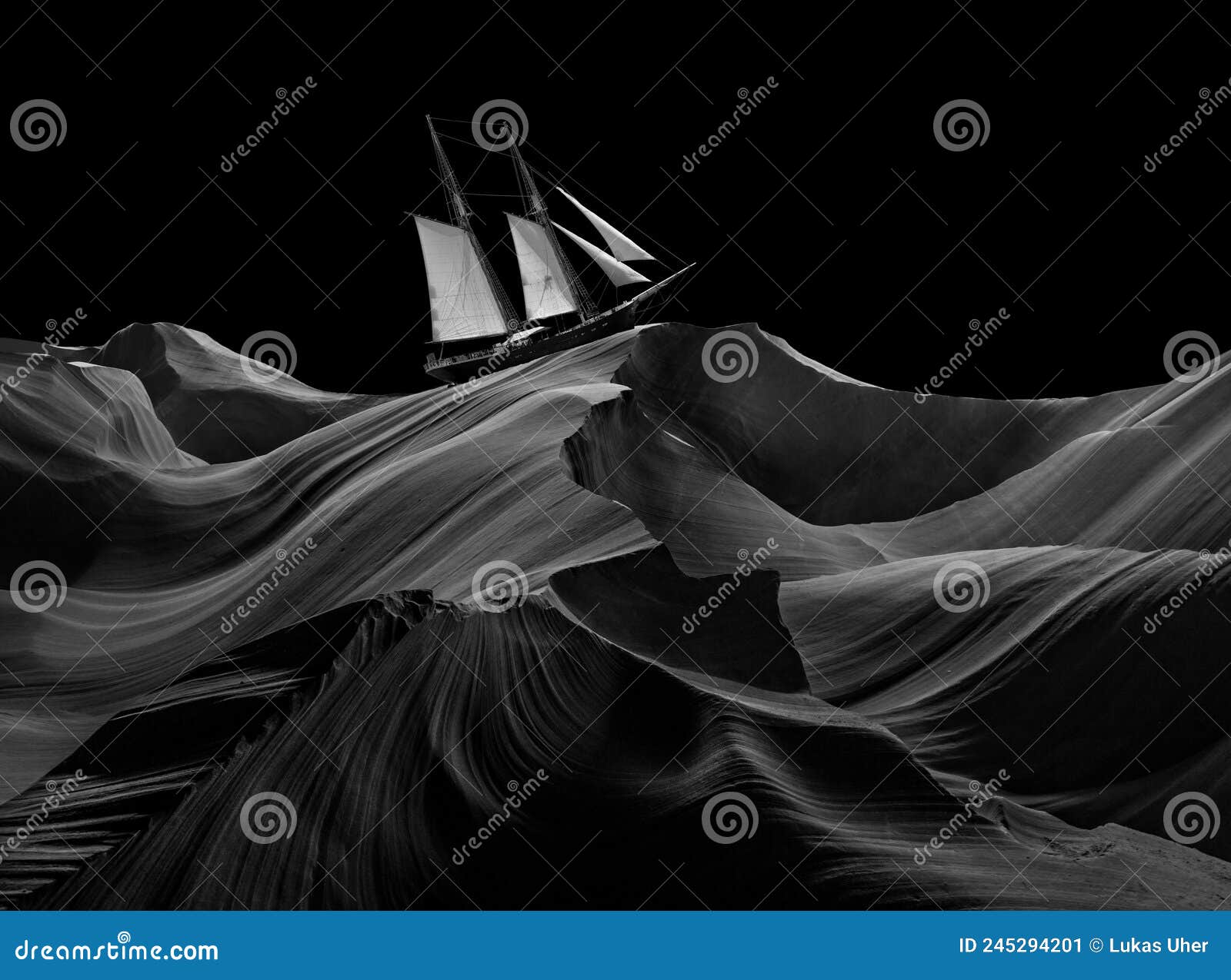 Sailing Old Ship in a Stormy Sea of Stone Waves. Collage of the Stone ...