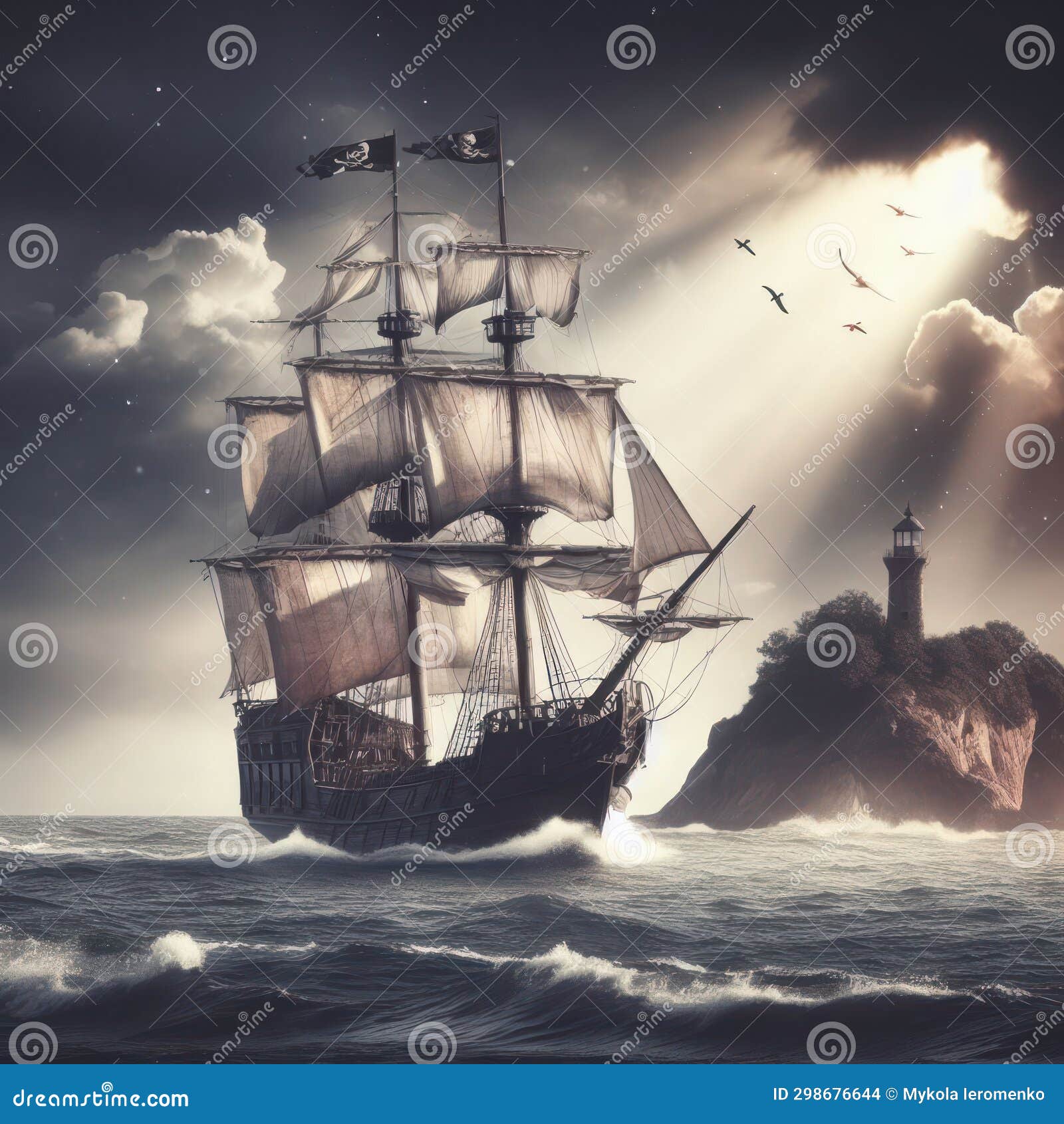 A Sailing Pirate Ship with a Lighthouse in the Background. Stock Photo ...