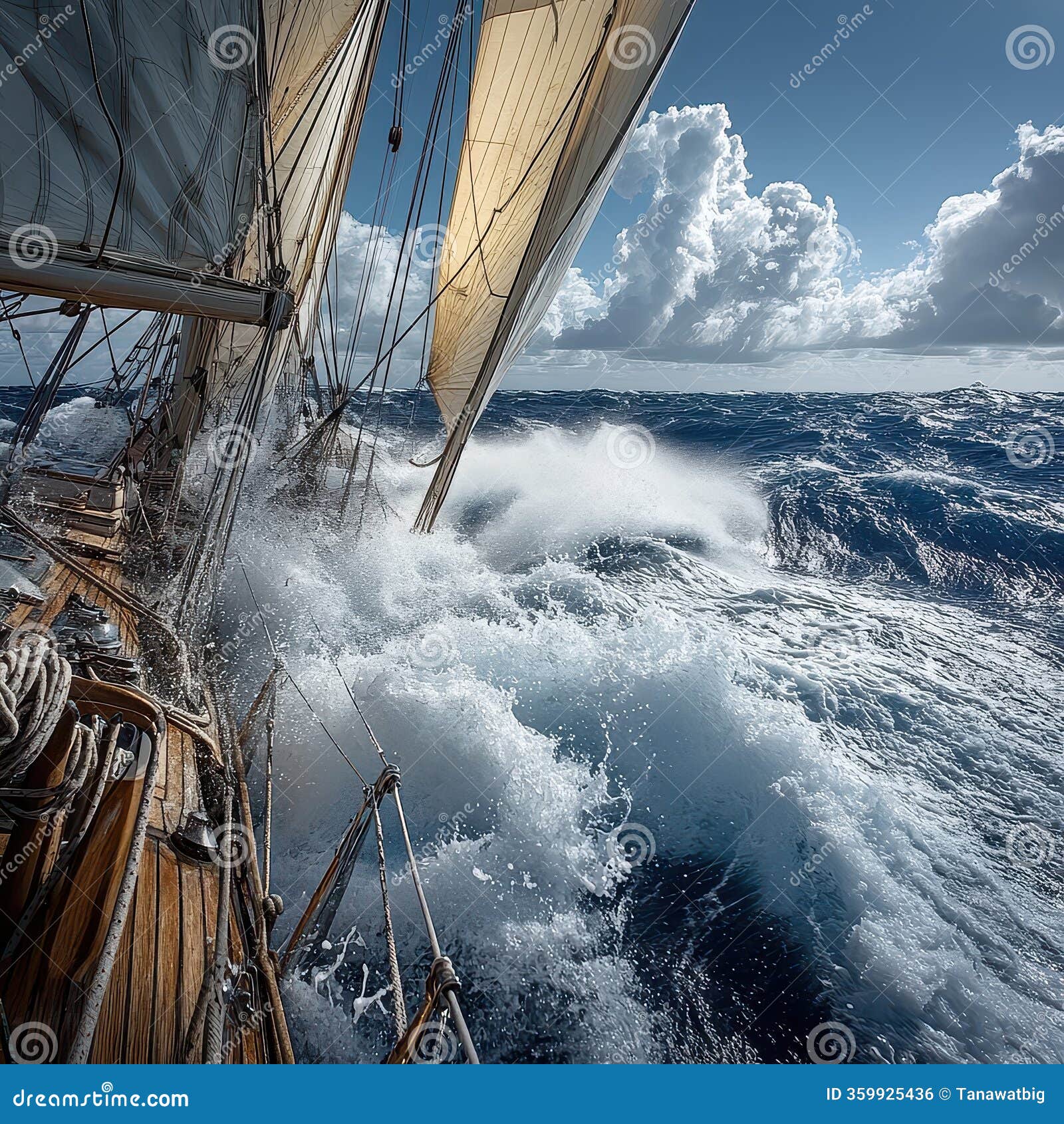 Sailing through Rough Seas on a Classic Tall Ship Under Clouds Stock Illustration - Illustration ...