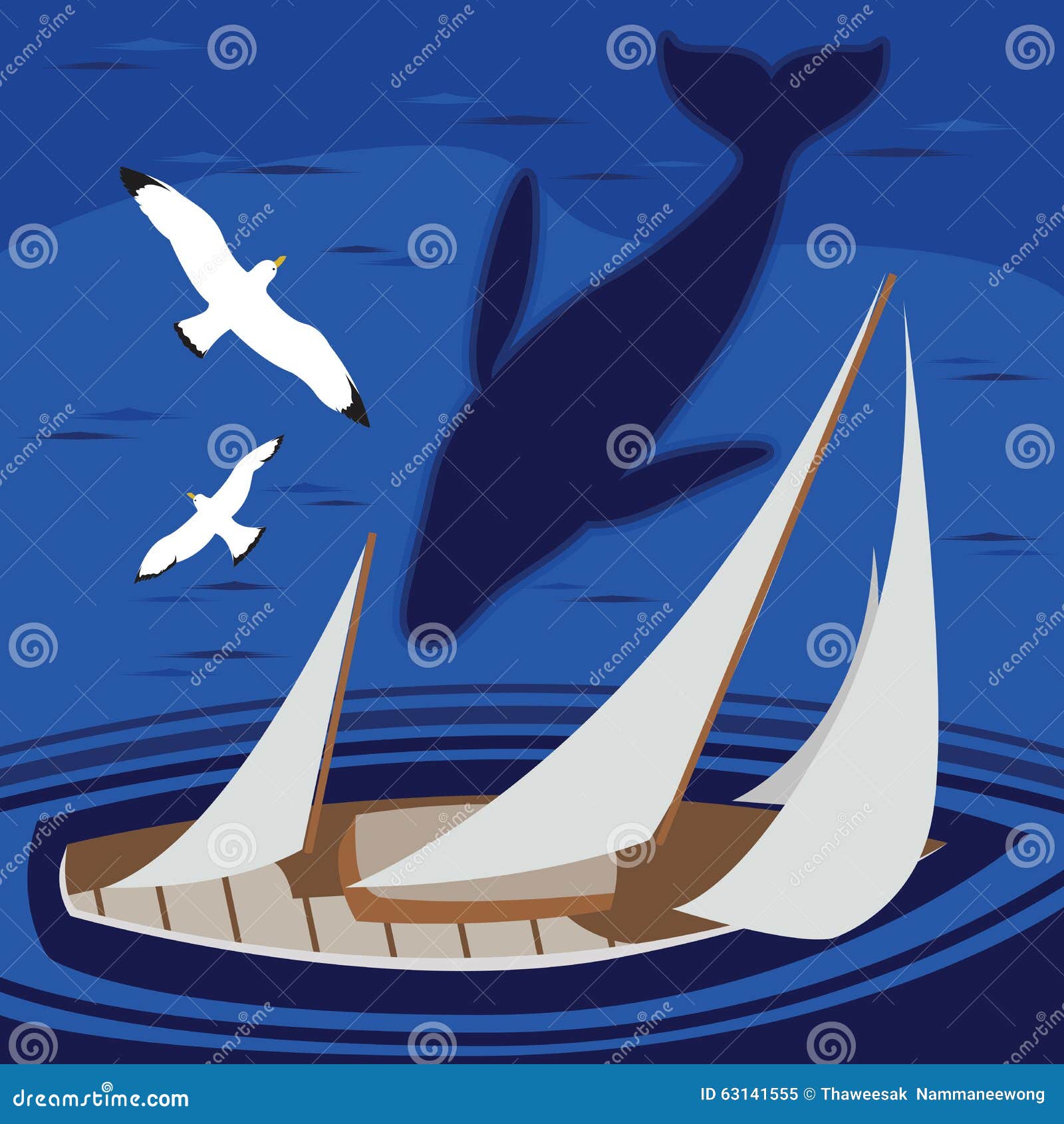 Sailing in the Sea with Whale Bird Eye View Stock Vector - Illustration ...