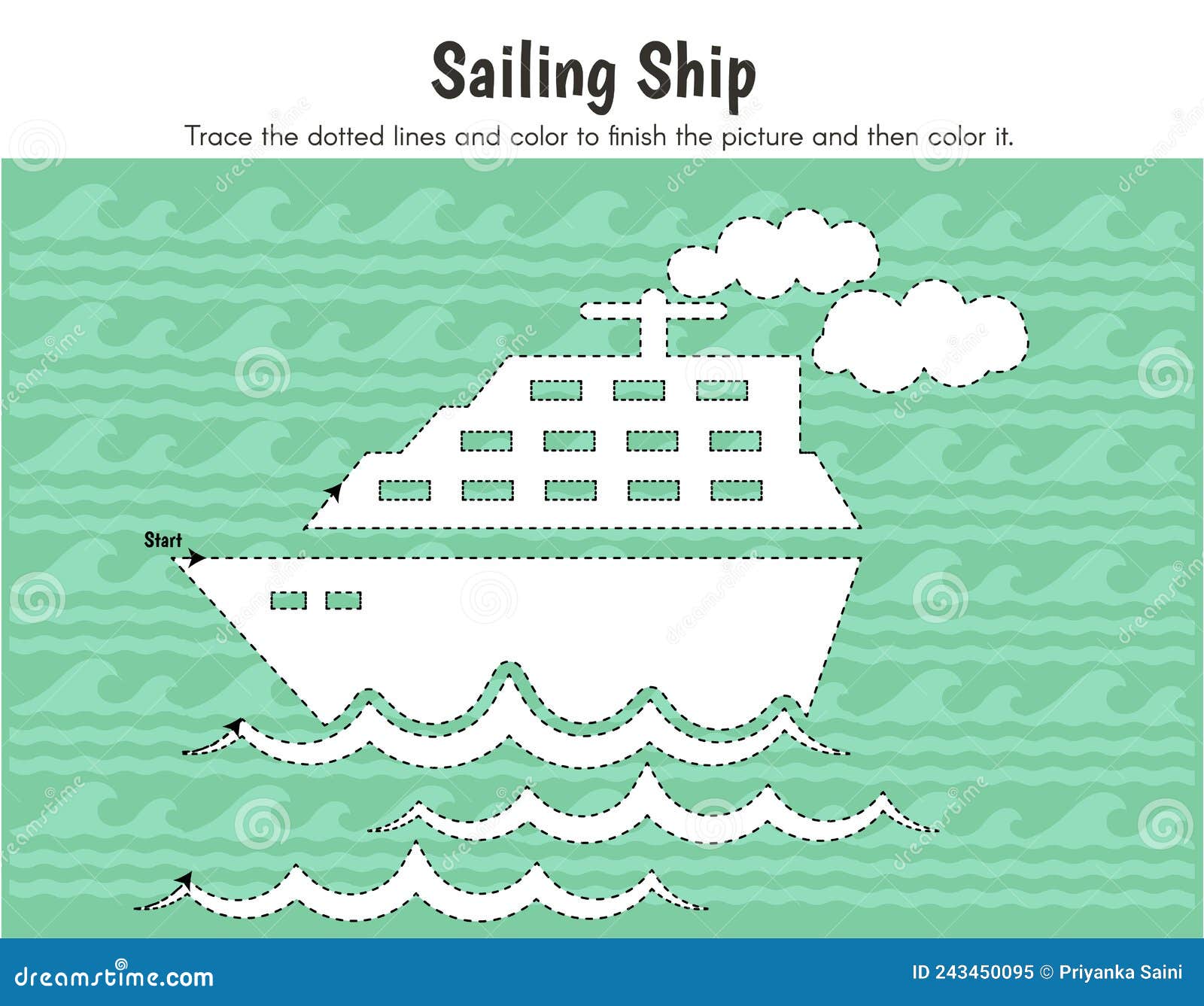 Kindergarten Sailing Ship Tracing Worksheet Stock Vector - Illustration ...