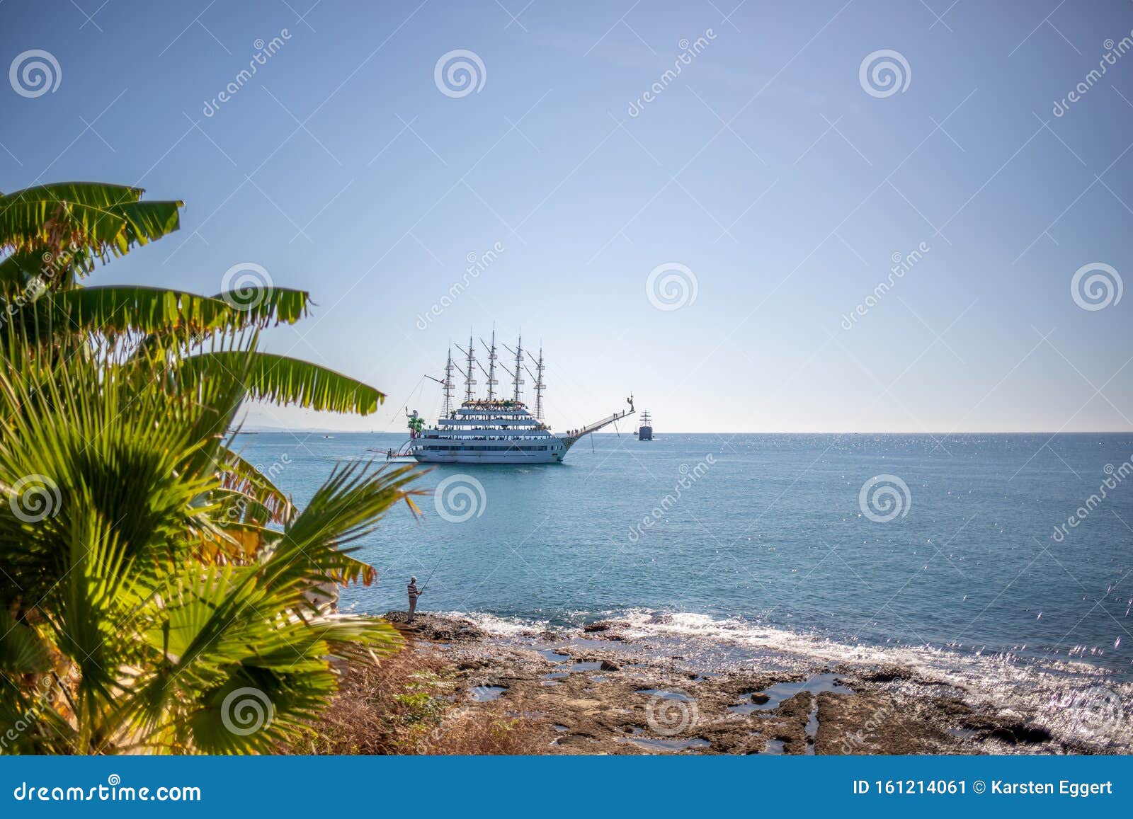 Sailing Ship Anchors in the Port of Side in Fine Weather Stock Image ...