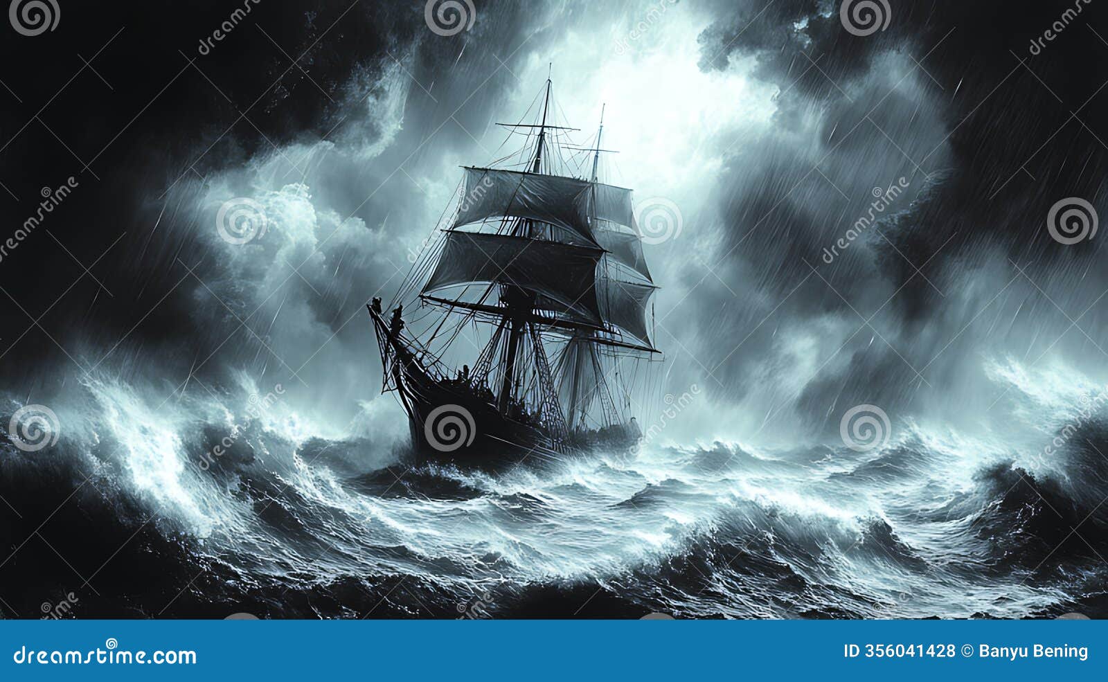 Sailing Ship Battling Storm at Sea, Dark Clouds Stock Illustration - Illustration of epic ...