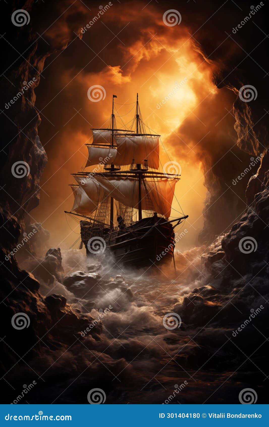 Sailing Ship in the Dark with Smoke and Fire. 3d Illustration. Stock ...