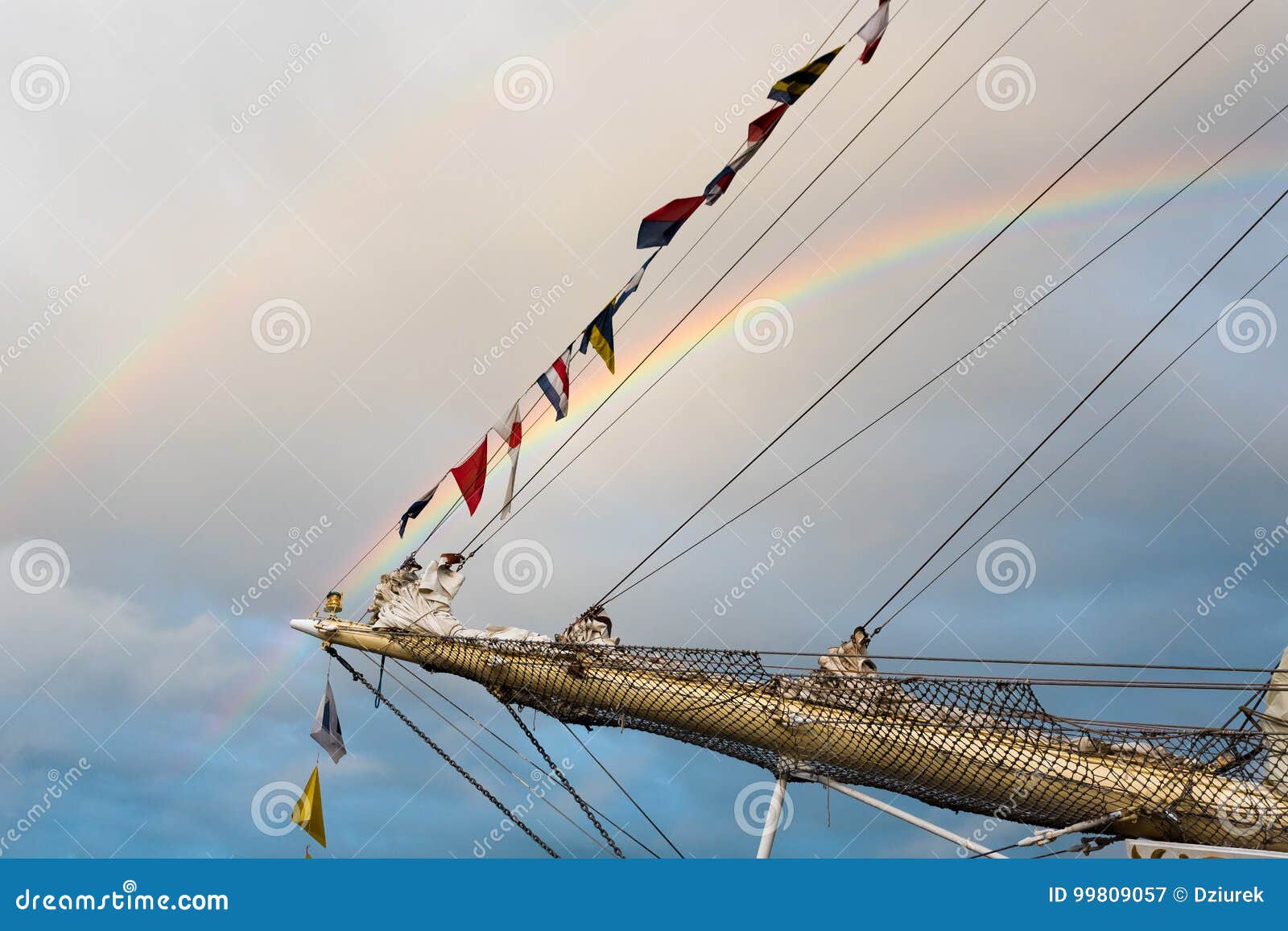 Sailing Ship with a Double Rainbow Stock Image - Image of travel ...