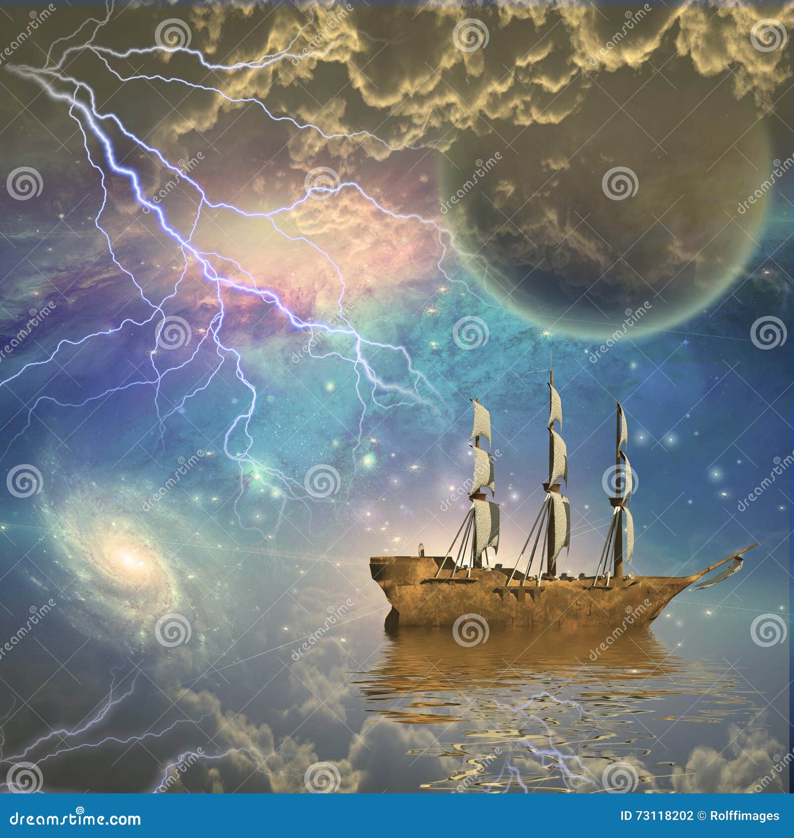 Sailing Ship in Fantastic Scene Stock Illustration - Illustration of ...