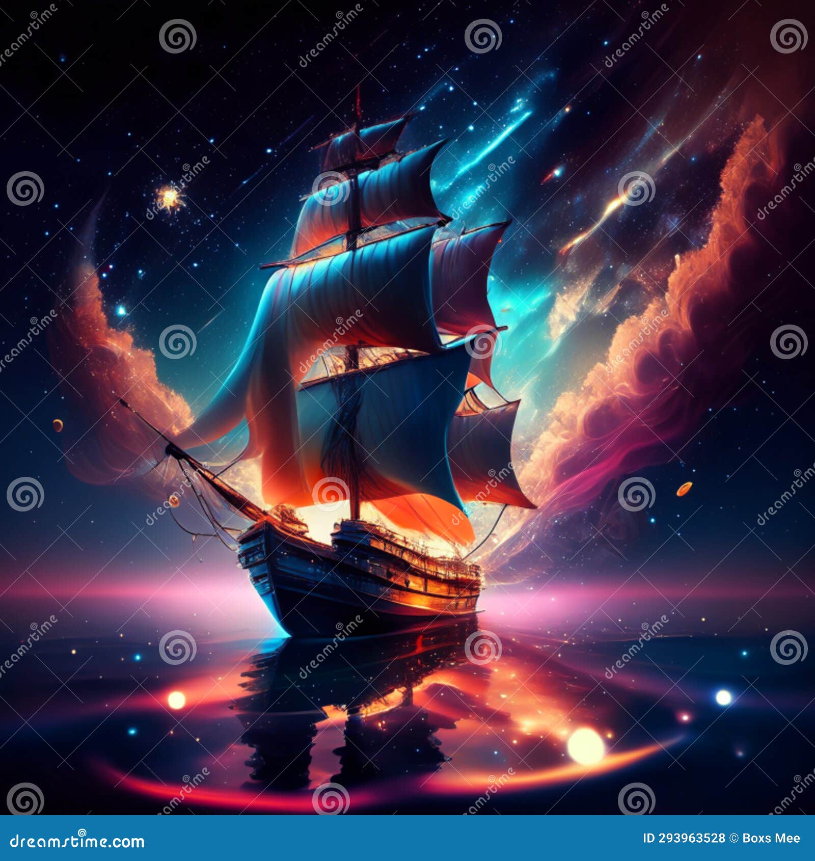 Sailing Ship with Fire in the Night Sky. 3d Rendering Generative AI ...