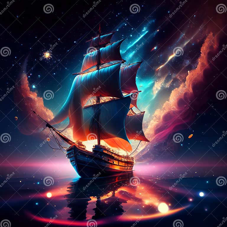 Sailing Ship with Fire in the Night Sky. 3d Rendering Generative AI ...