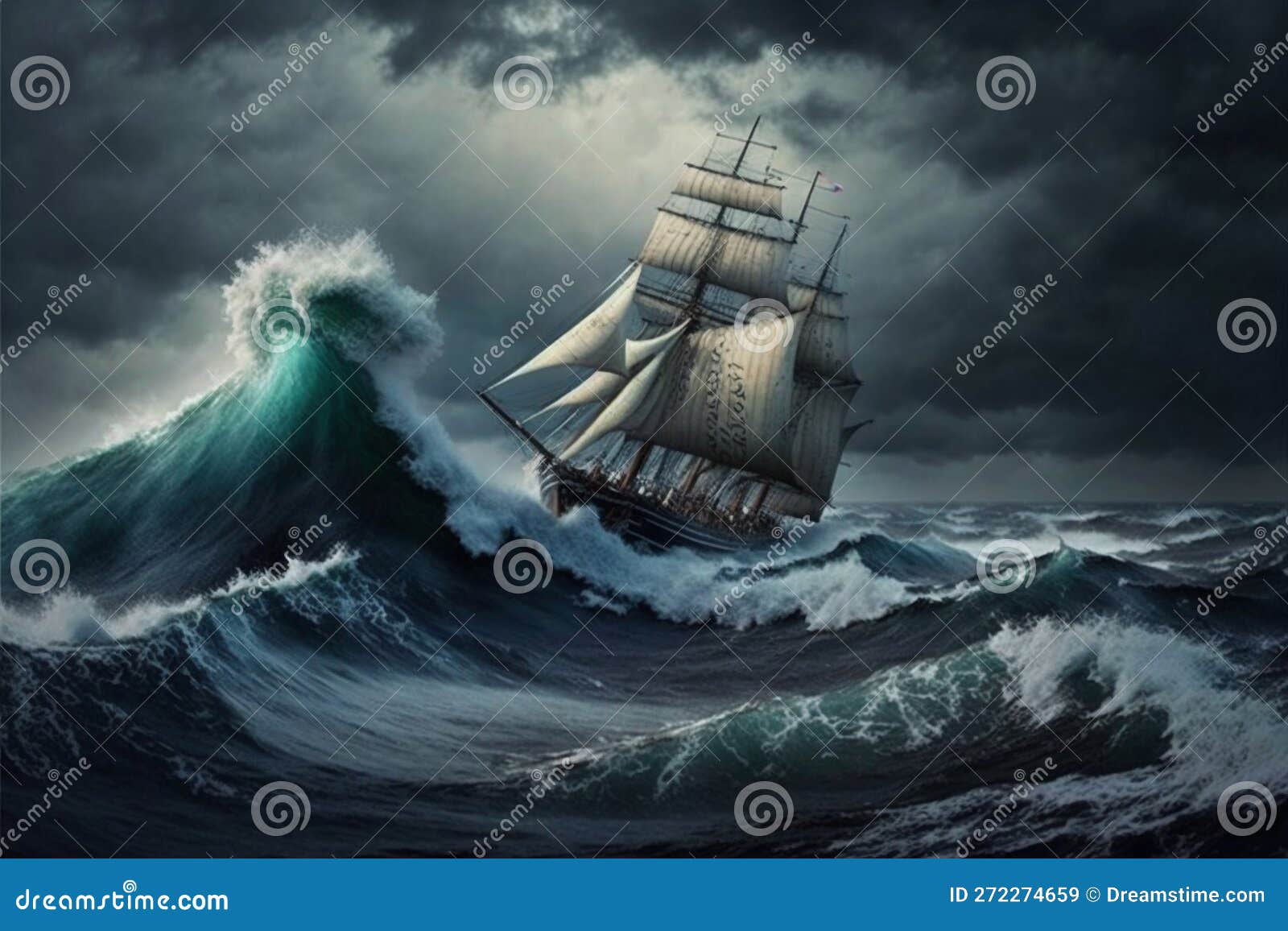 Sailing Ship in a Giant Storm with Crashing Waves. Sailing Boat Inside ...