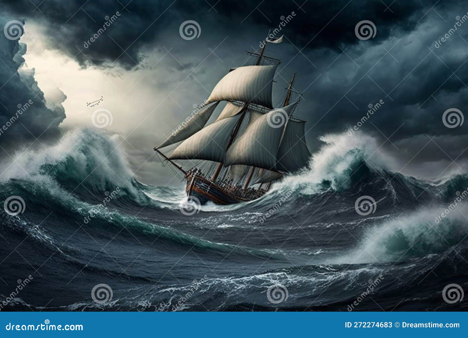 Sailing Ship in a Giant Storm with Crashing Waves. Sailing Boat Inside ...