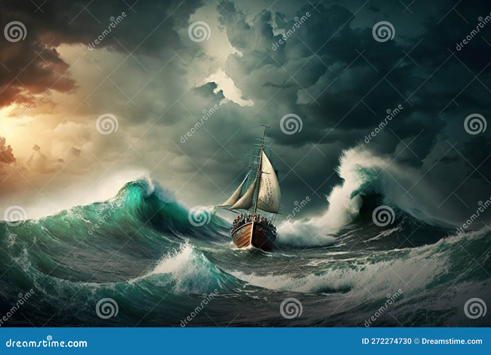 Sailing Ship in a Giant Storm with Crashing Waves. Sailing Boat Inside ...