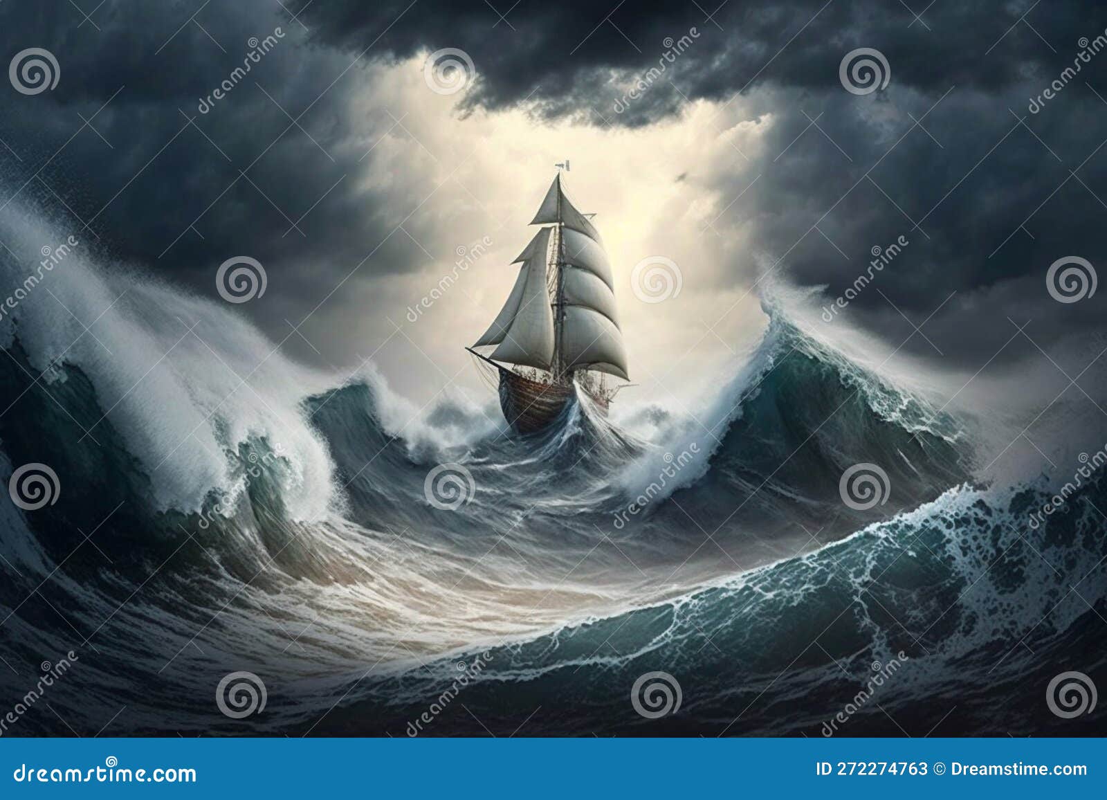 Sailing Ship In A Giant Storm With Crashing Waves Sailing Boat Inside