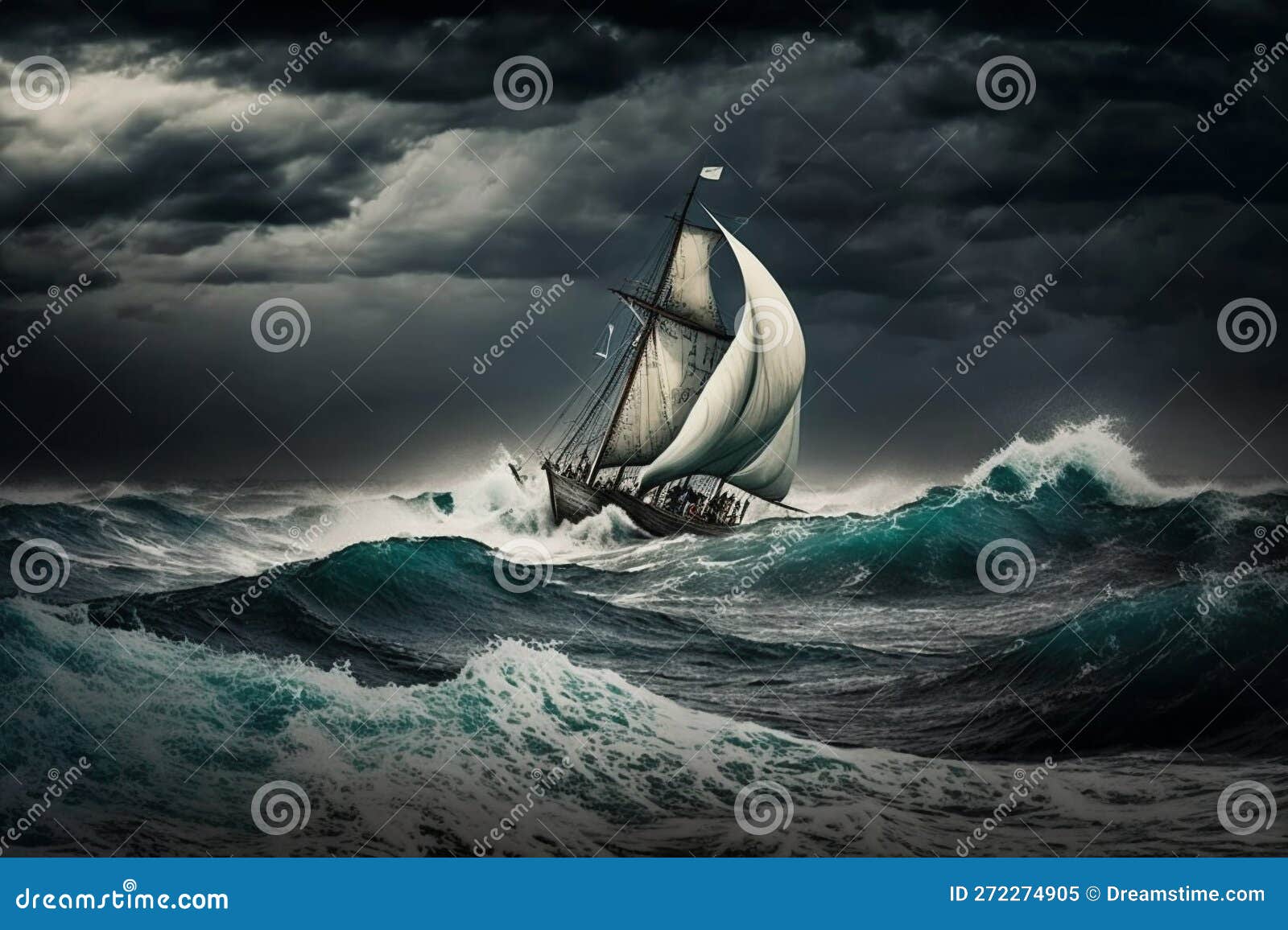 Sailing Ship in a Giant Storm with Crashing Waves. Sailing Boat Inside ...