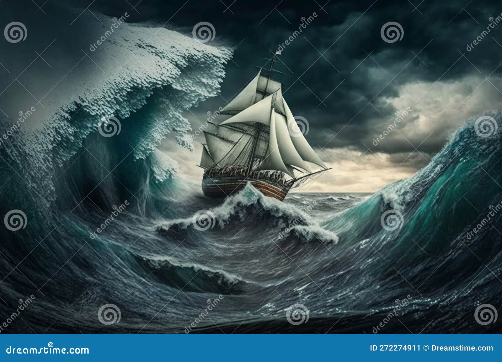 Sailing Ship In A Giant Storm With Crashing Waves. Sailing Boat Inside ...