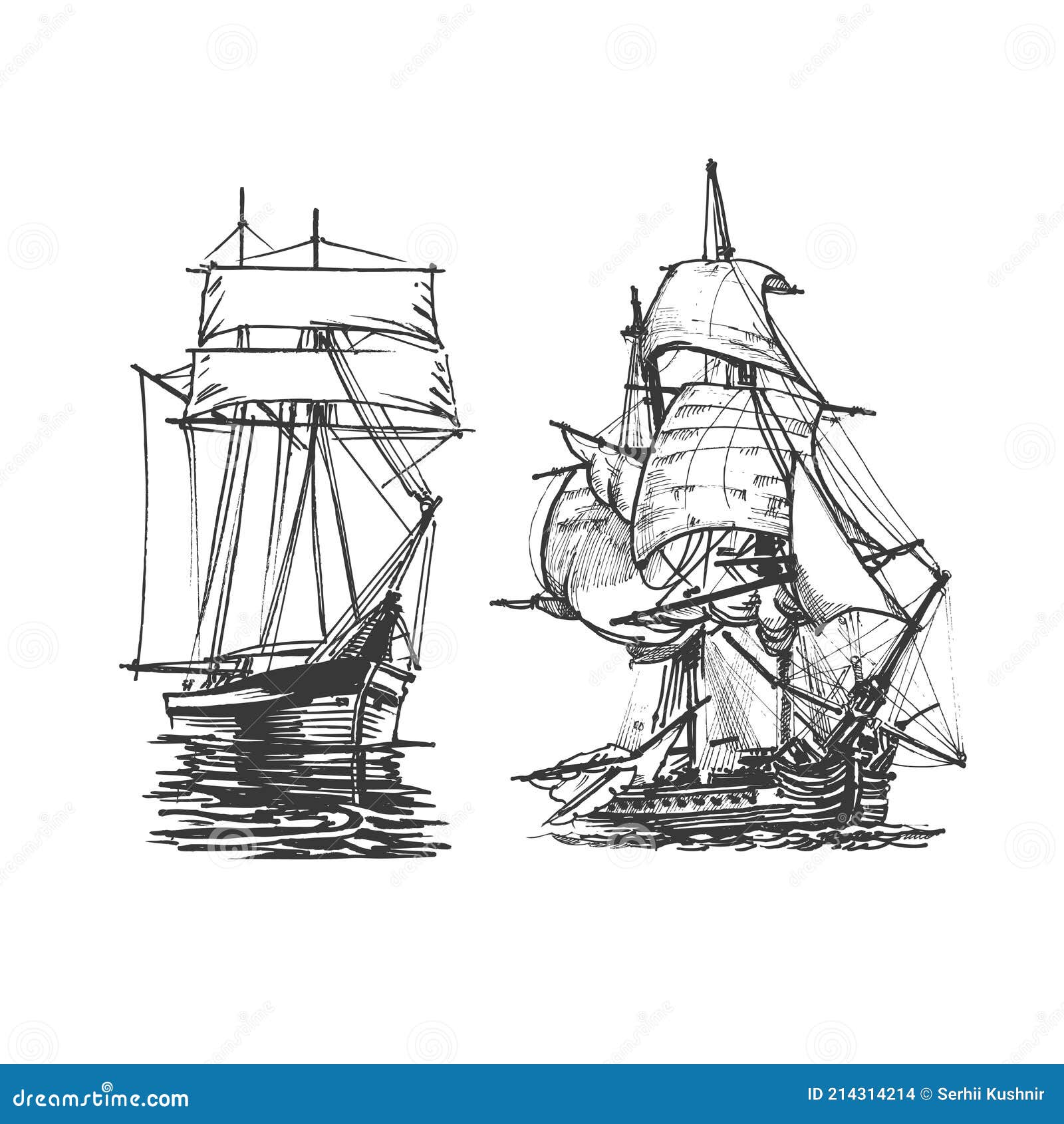 Sailing Ship, Graphic Hand Drawing. Sea or River Transport, an Isolated ...
