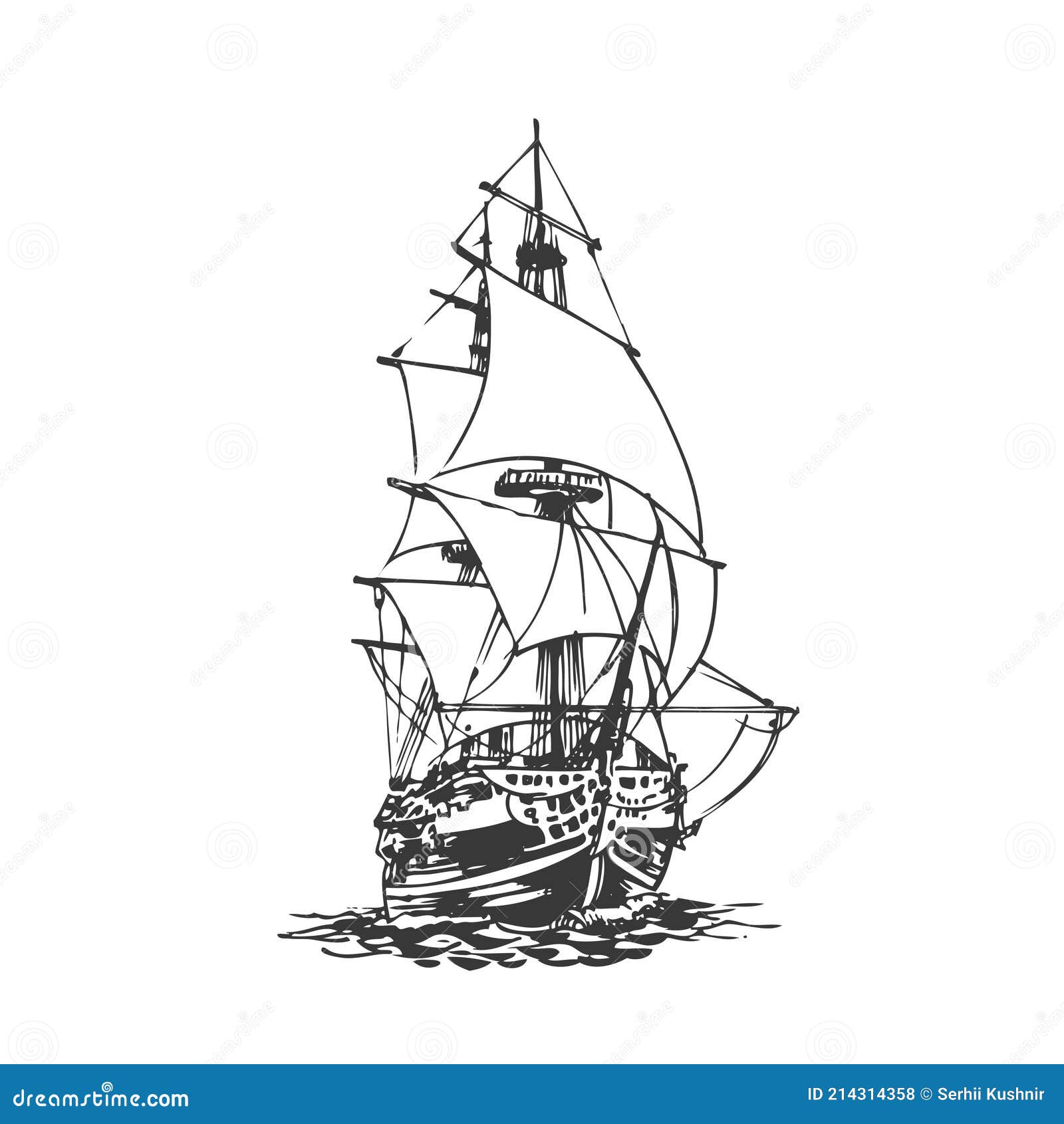 Sailing Ship, Graphic Hand Drawing. Sea or River Transport, an Isolated ...