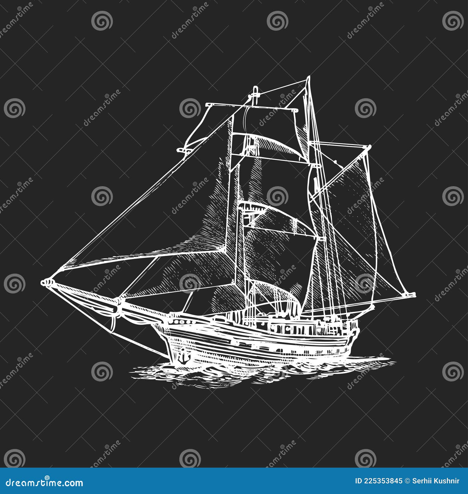 Sailing Ship, Graphic Hand Drawing. Sea or River Transport, an Isolated ...