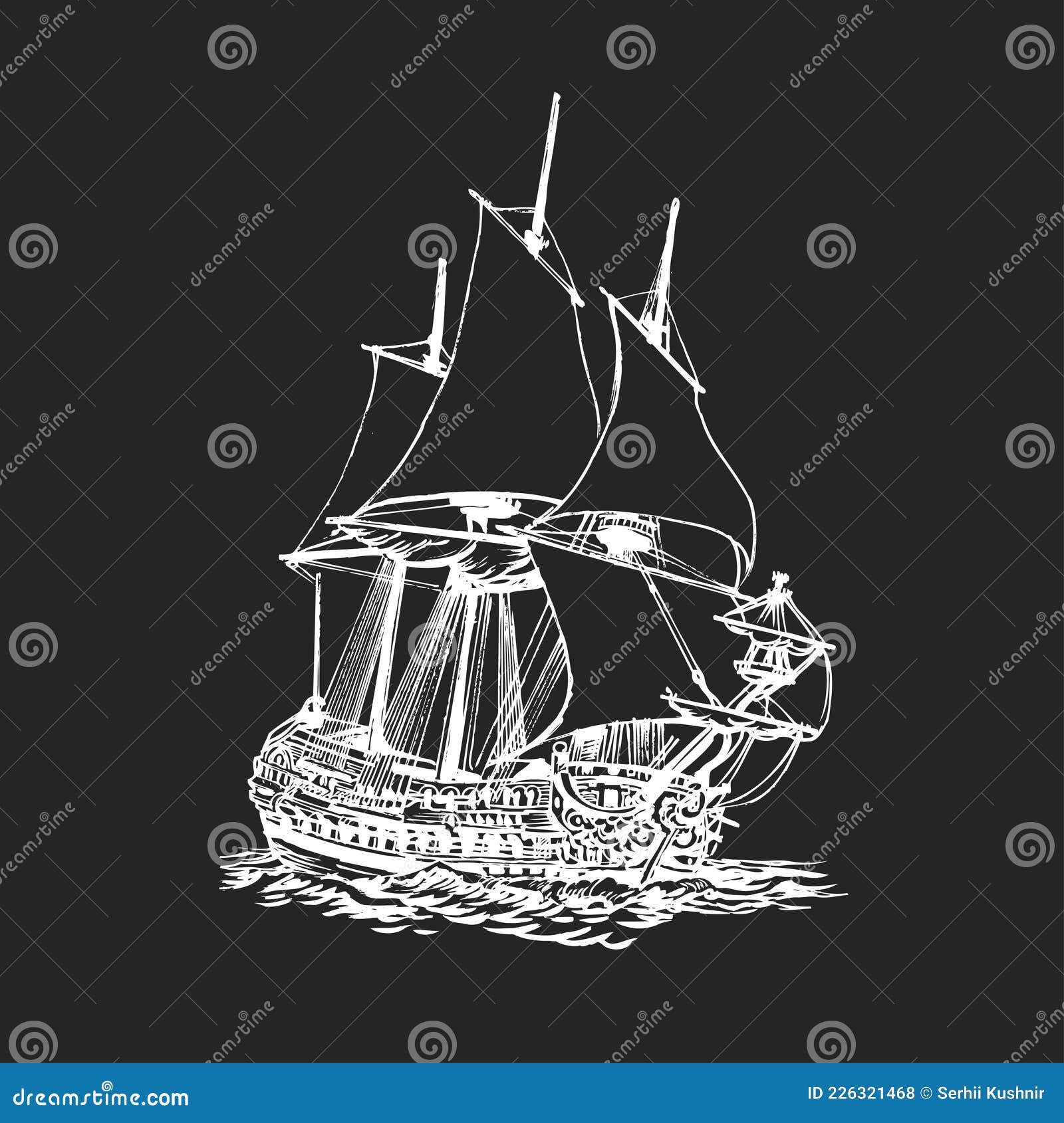 Sailing Ship, Graphic Hand Drawing. Sea or River Transport, an Isolated ...