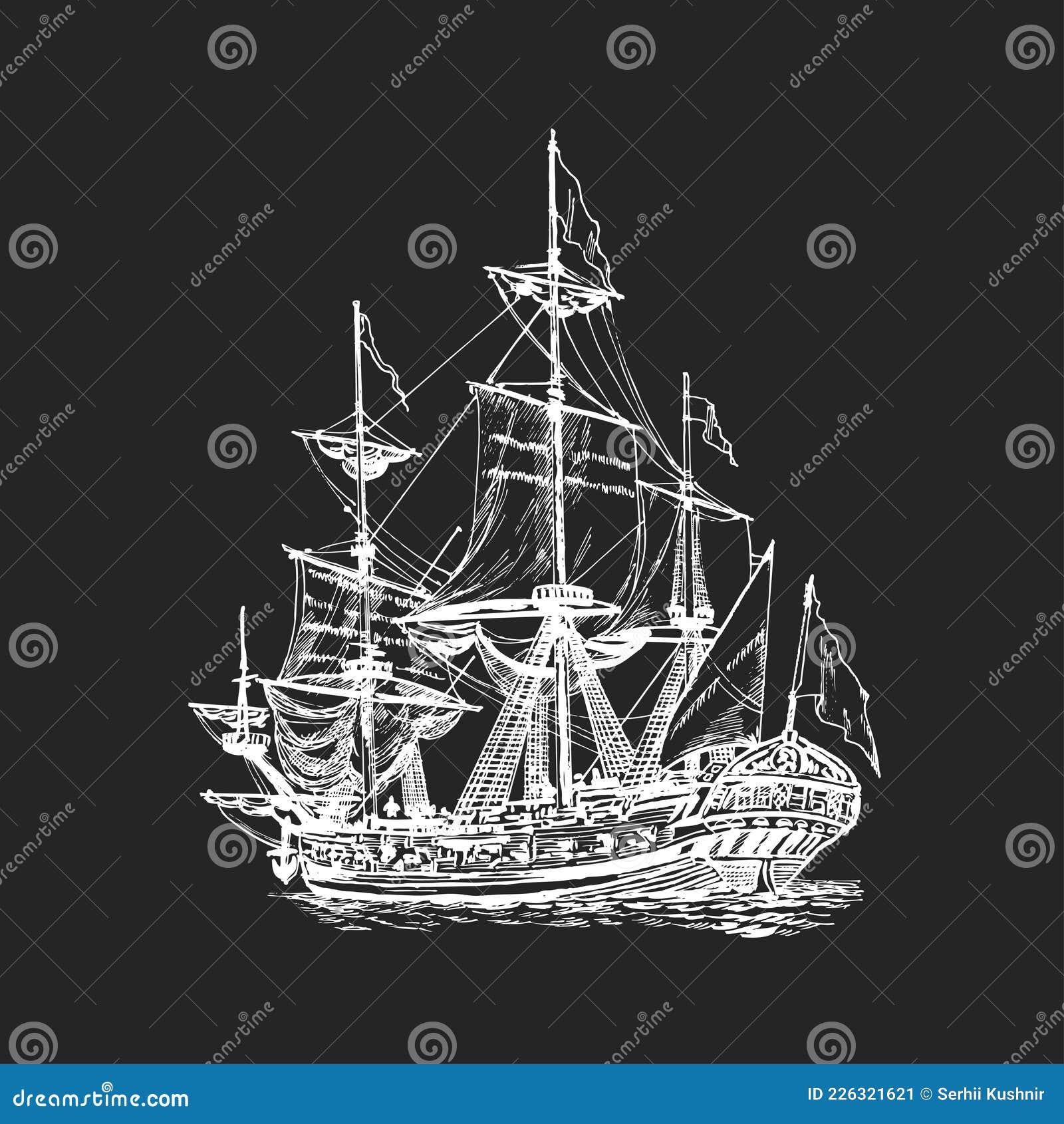 Sailing Ship, Graphic Hand Drawing. Sea or River Transport, an Isolated ...