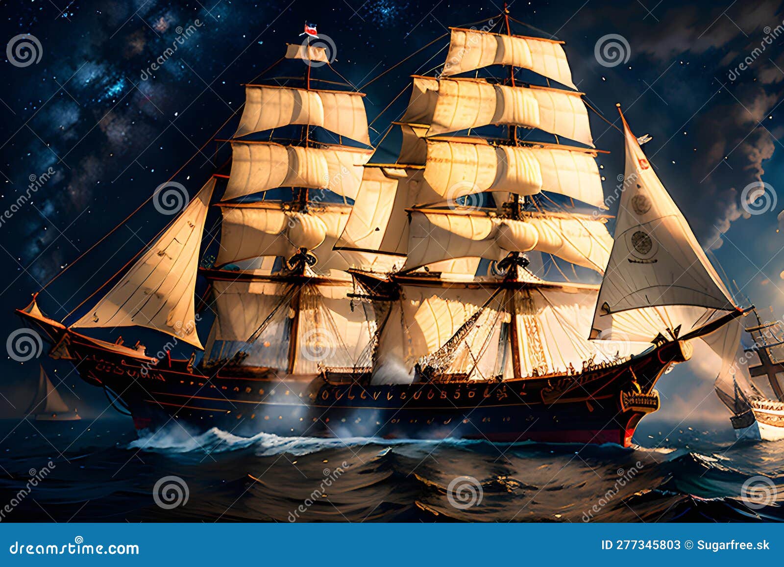 Sailing Ship at Night, Illustration Stock Illustration - Illustration ...