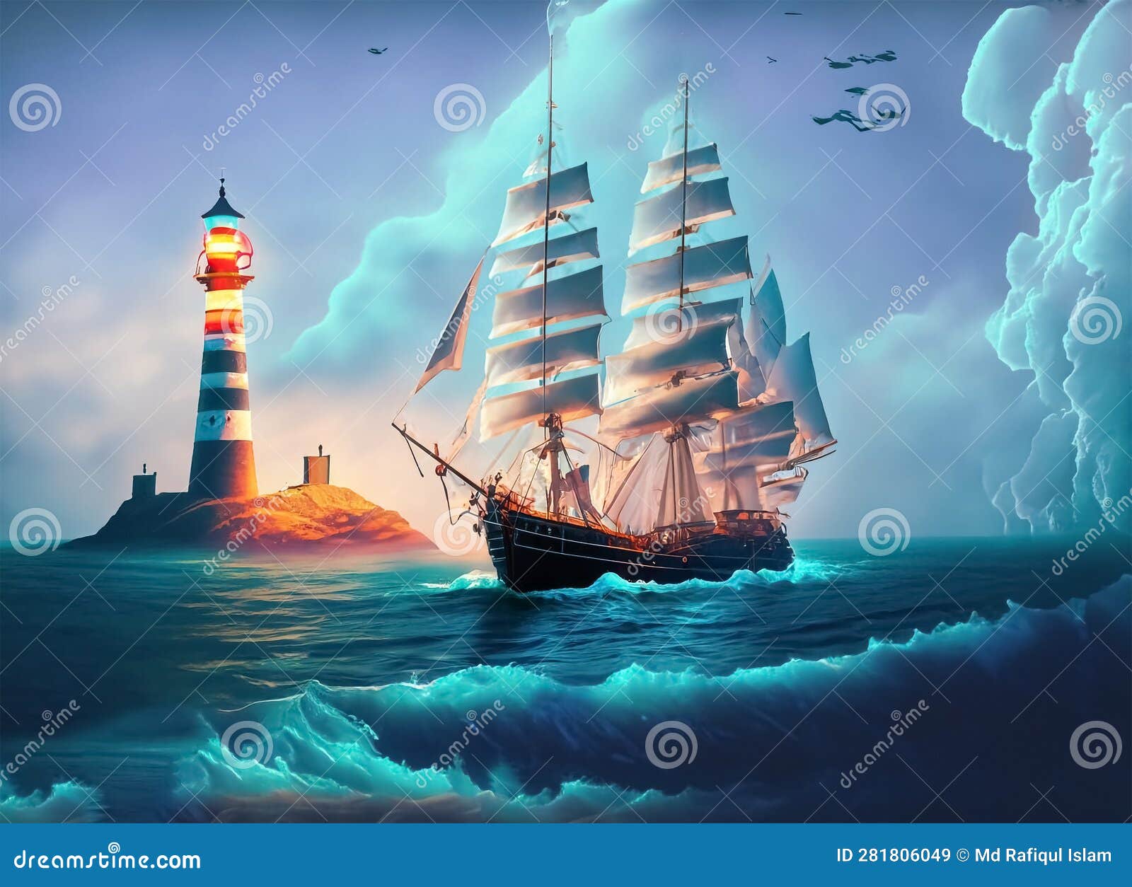 Sailing Ship with Lighthouse in Background. Generative AI Stock ...