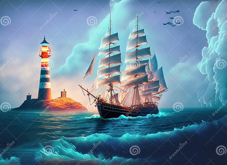 Sailing Ship with Lighthouse in Background. Generative AI Stock ...